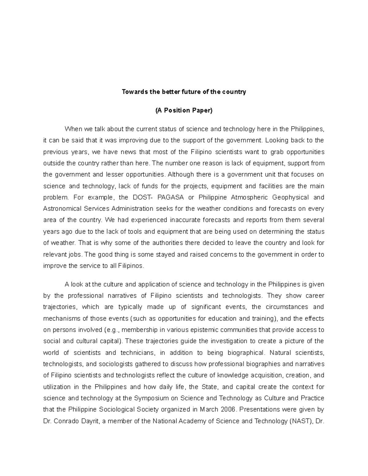 Position Paper - Towards the better future of the country (A Position ...
