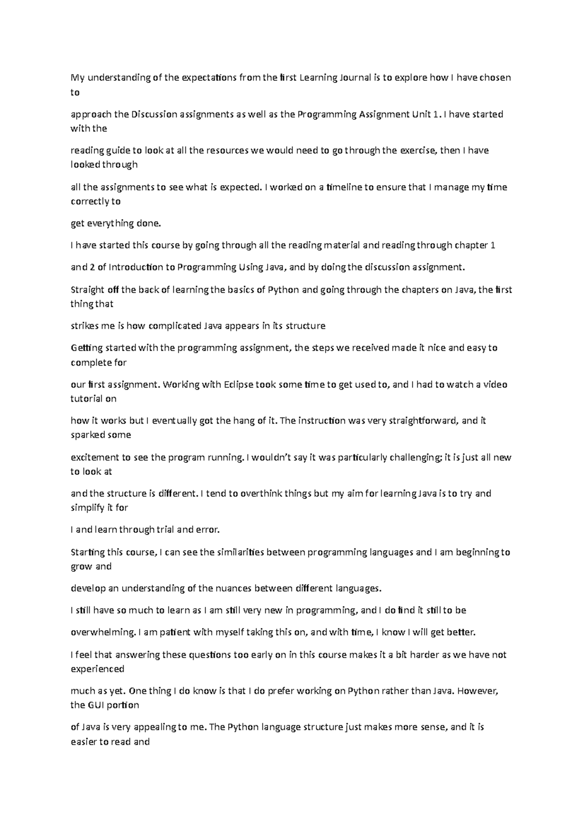 Unit 1 Learning Journal - My understanding of the expectations from the ...