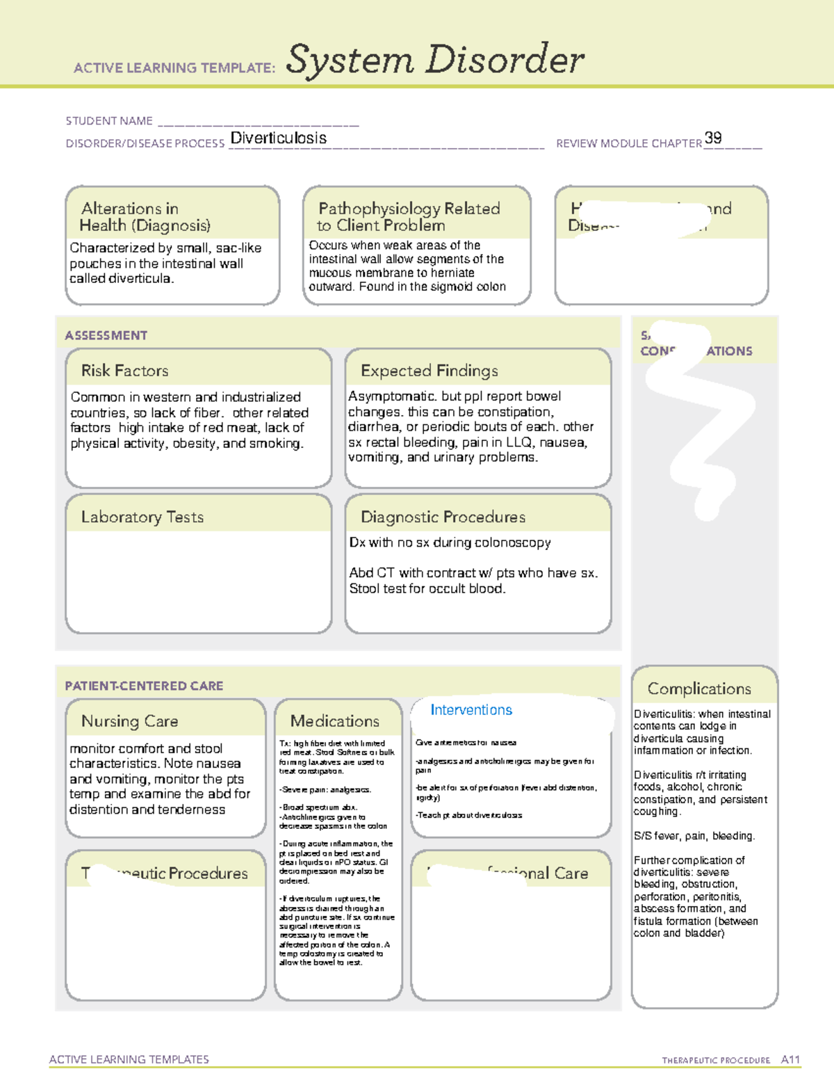 Diverticulosis - System disorder notes - ACTIVE LEARNING TEMPLATES ...