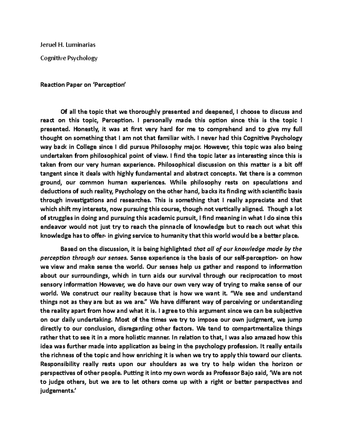 Reaction Paper on COgnitive Psych - Jeruel H. Luminarias Cognitive ...