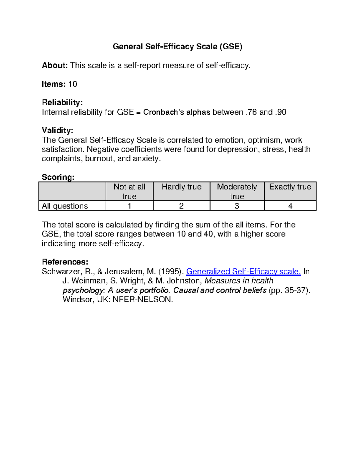 General Self Efficacy Scale GSE Items 10 Reliability Internal
