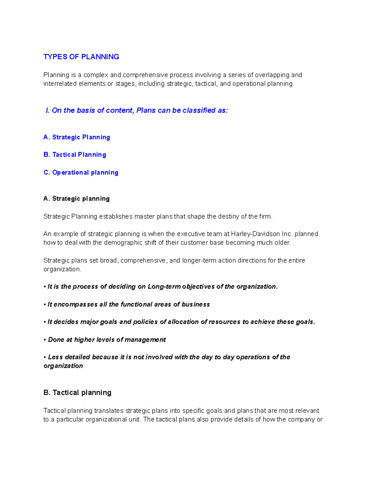 Types OF Planning - TYPES OF PLANNING Planning is a complex and ...