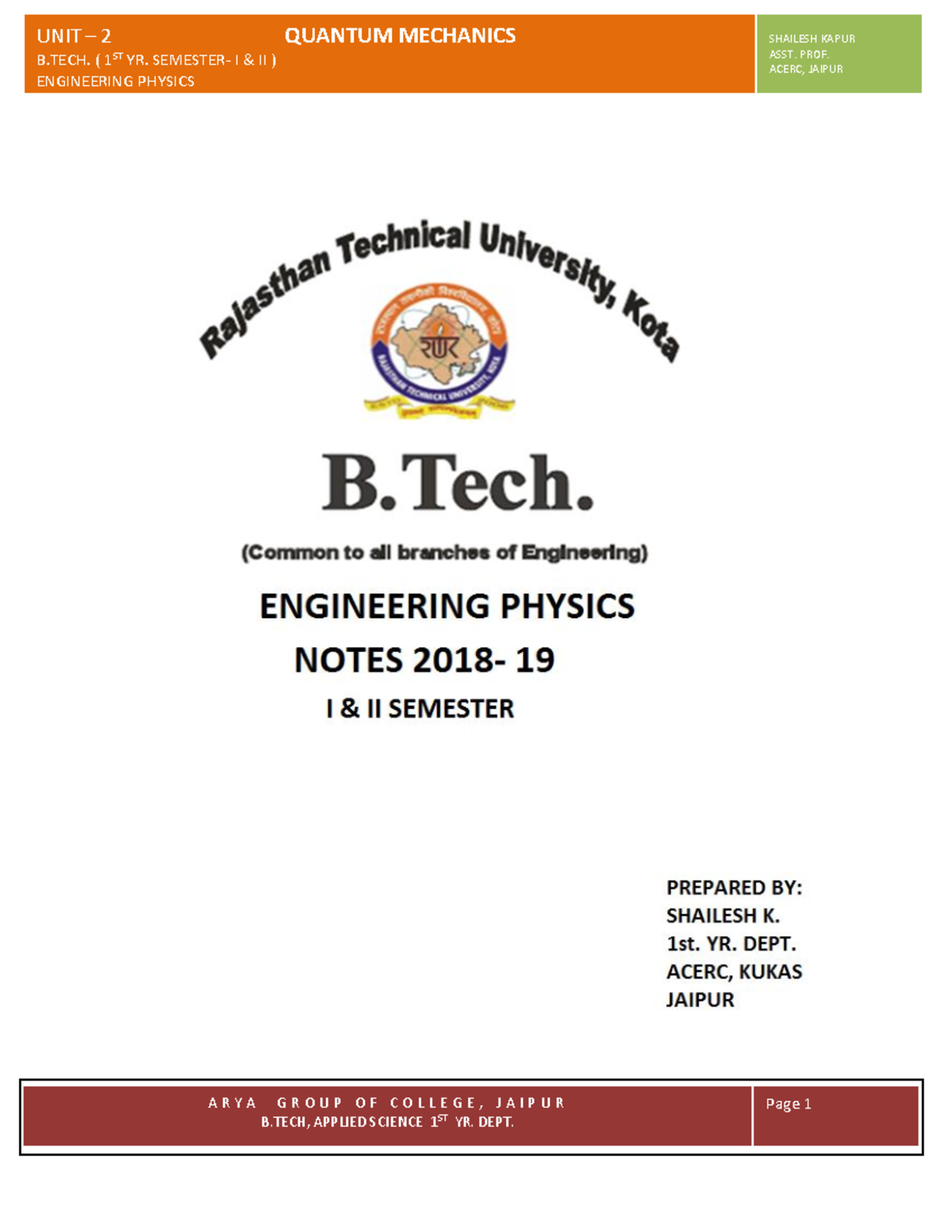 UNIT 2 Quantum Mechanics 2021 - B. ( 1 ST YR. SEMESTER- I & II ) ENGINEERING PHYSICS ASST. PROF ...
