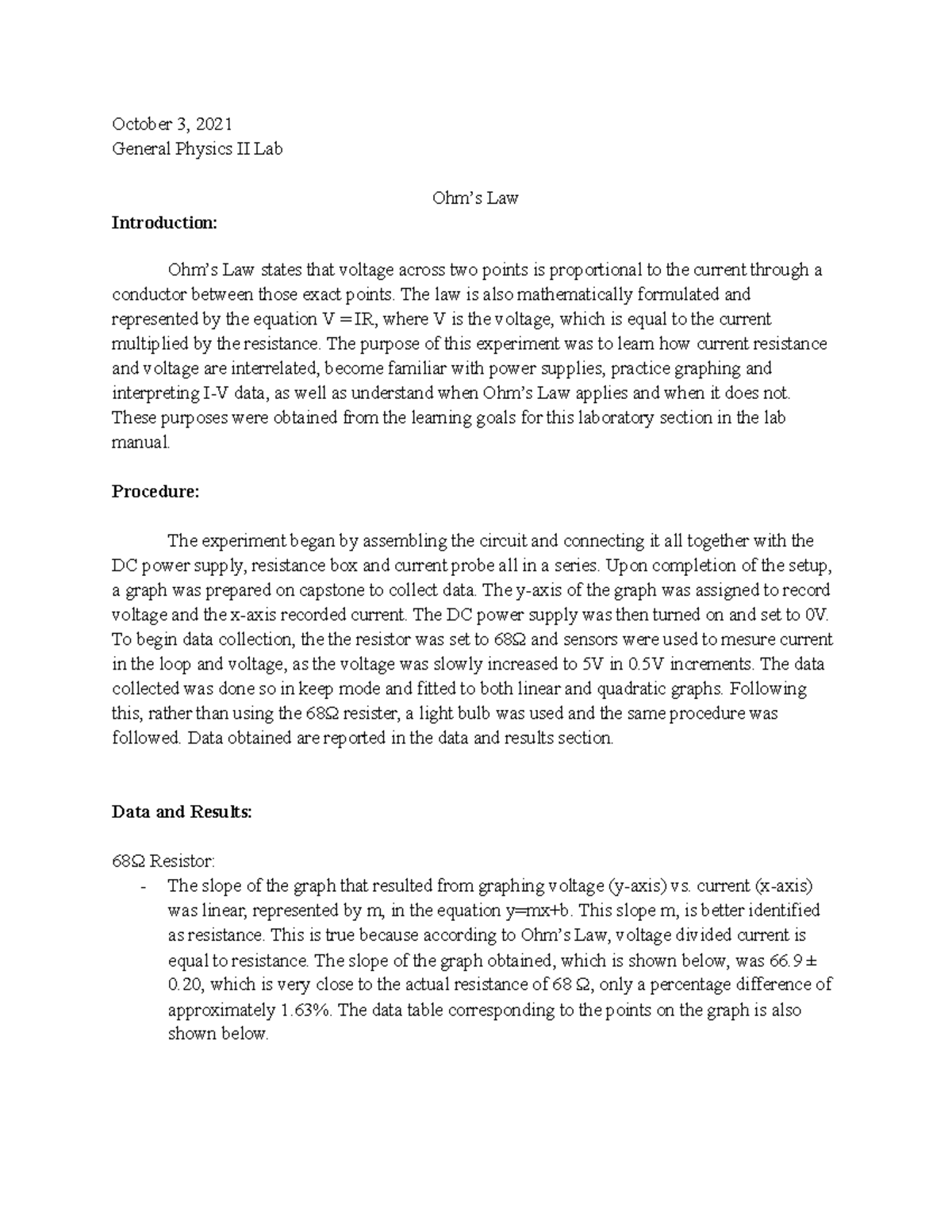 Physics 2 - lab 4 - Lab 4 Ohm's Law - Mr. Das - October 3, 2021 General ...
