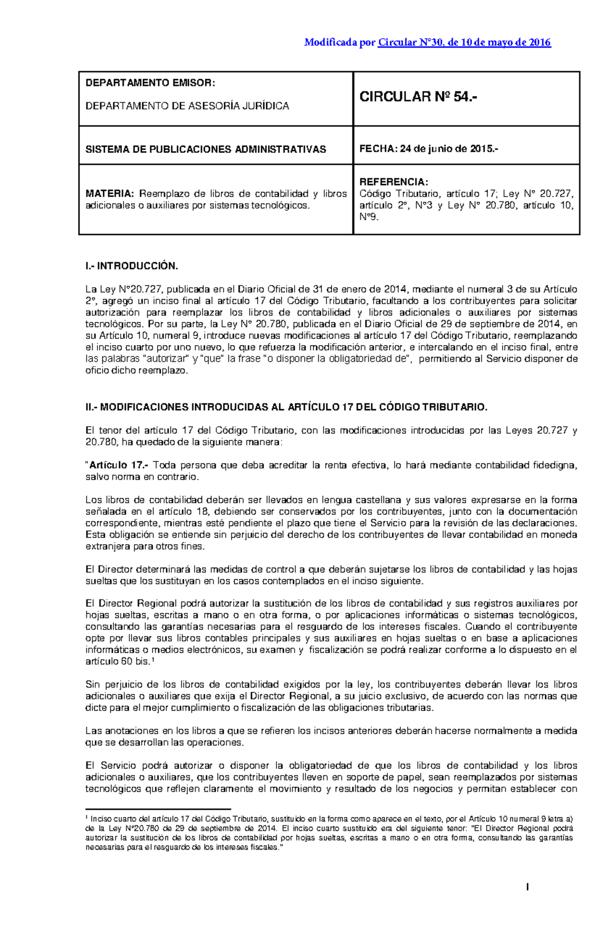 Circular 54 SII - DEPARTAMENTO EMISOR: DEPARTAMENTO DE ASESORÍA ...