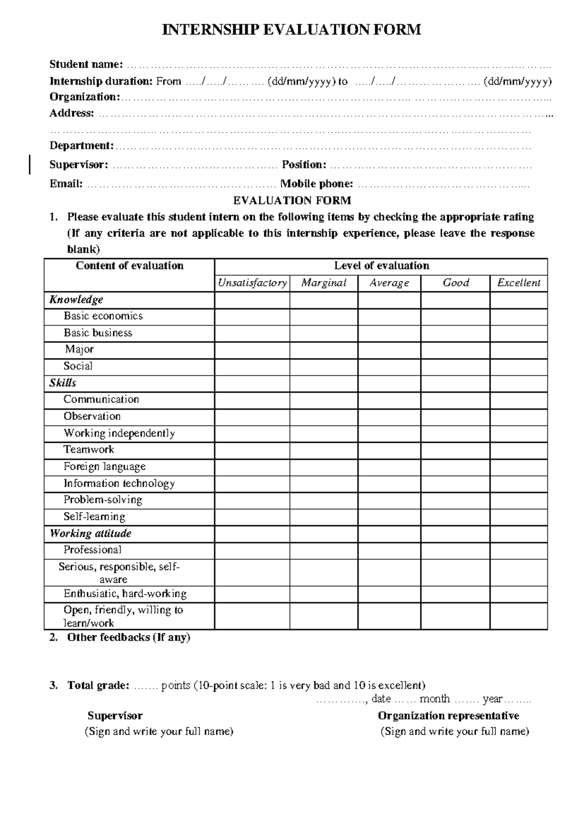 Phiếu đánh giá kiến tập giữa khóa english final 1 - INTERNSHIP EVALUATION FORM Student name ...