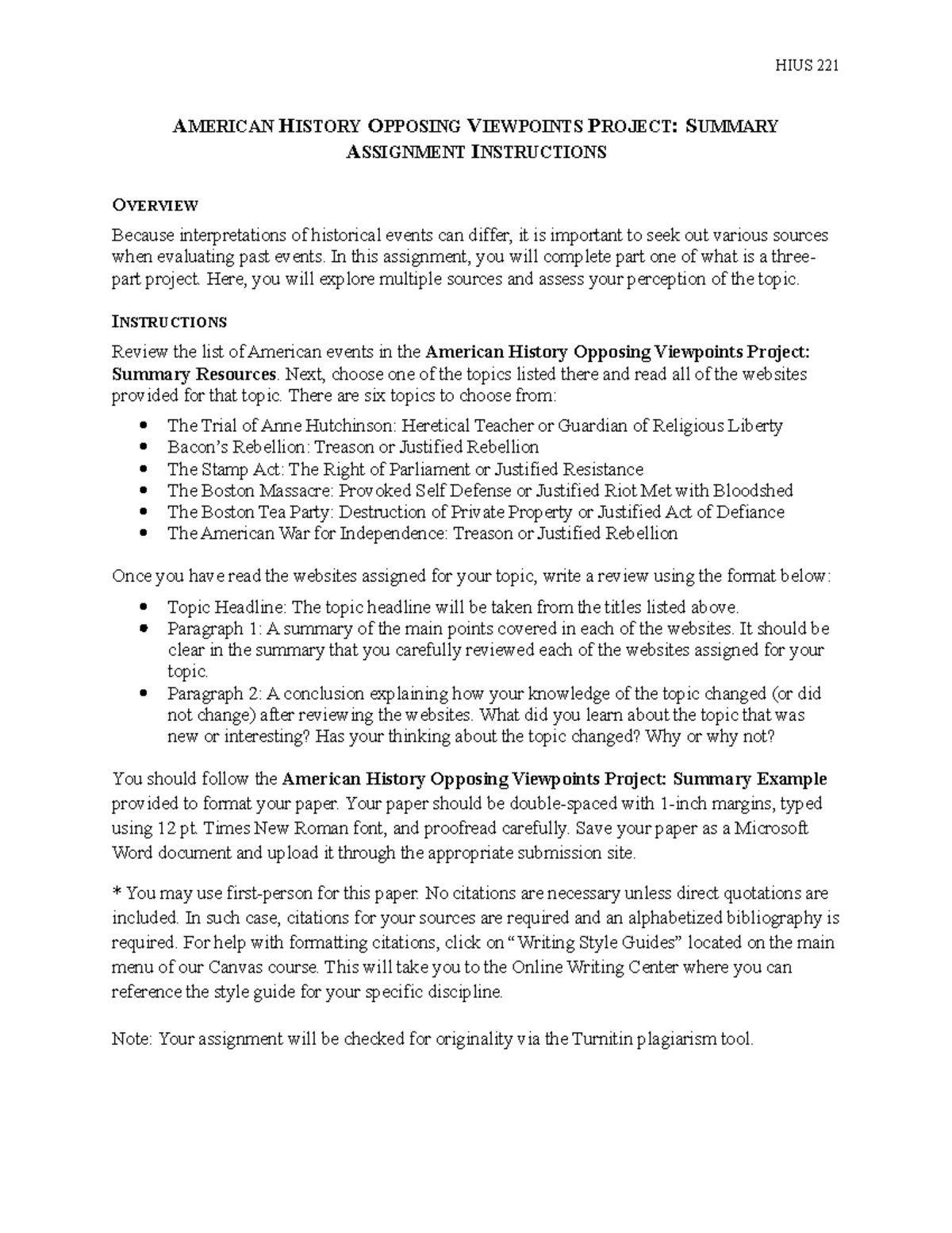 American History Opposing Viewpoints Project Summary Assignment ...