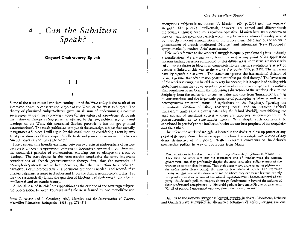 Full article of Spivak, Can the Subaltern Speak (Supplemental Reading ...