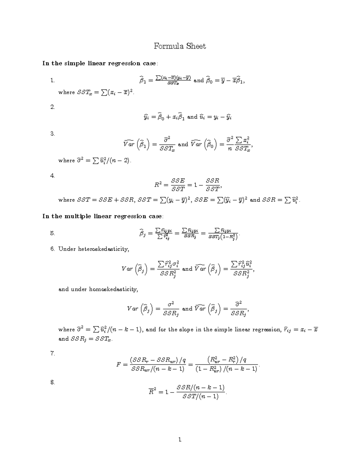 Formula Sheet Final - Formula Sheet In the simple linear regression ...