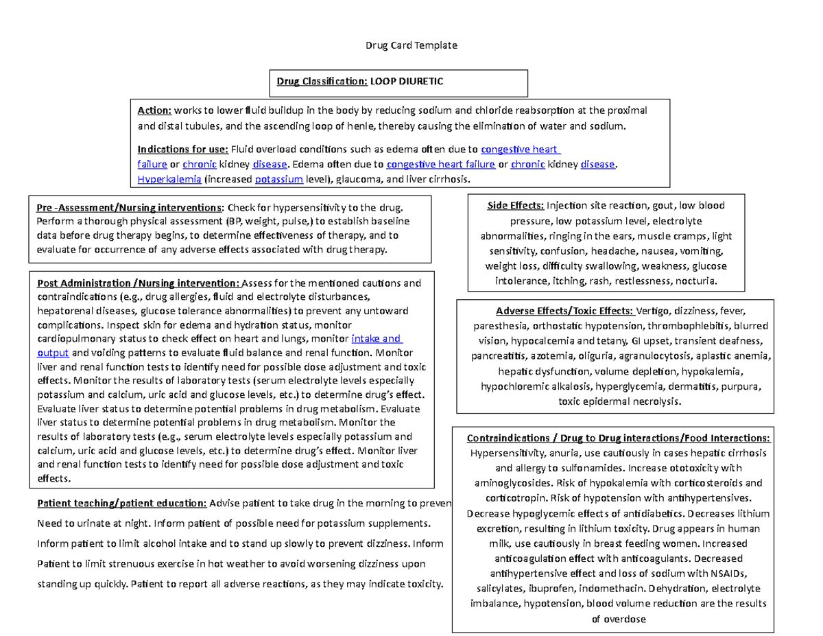 Drug Card Week 3 Loop Diuretic - Drug Card Template Patient teaching ...