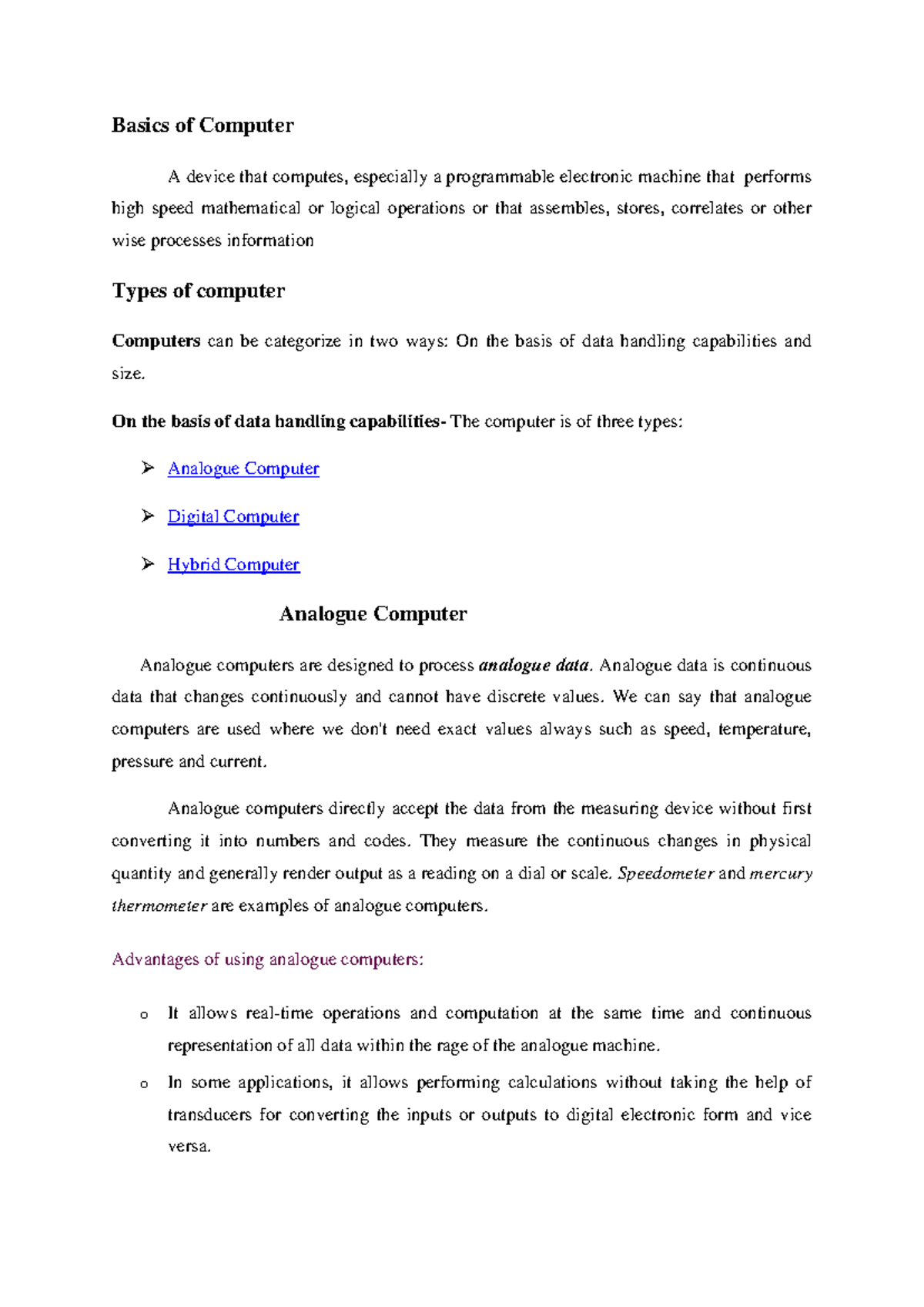 Types of computers - Basics of Computer A device that computes ...