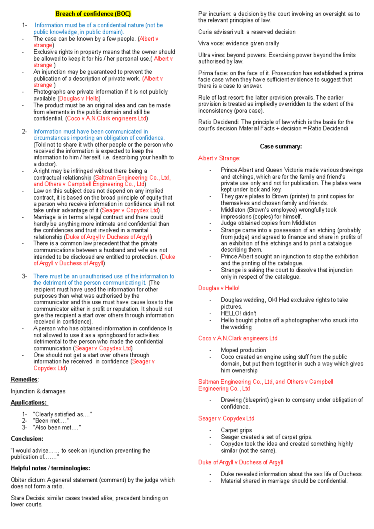 LRW Notes ALEX WANG - Summary Legal Reasoning and Writing - Breach of ...
