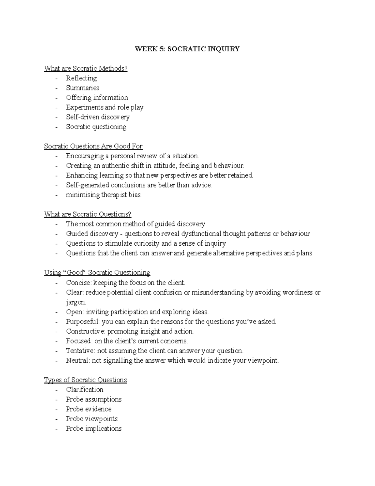 COU200 WEEK 5 Socratic Inquiry Tutorial Notes - WEEK 5: SOCRATIC ...