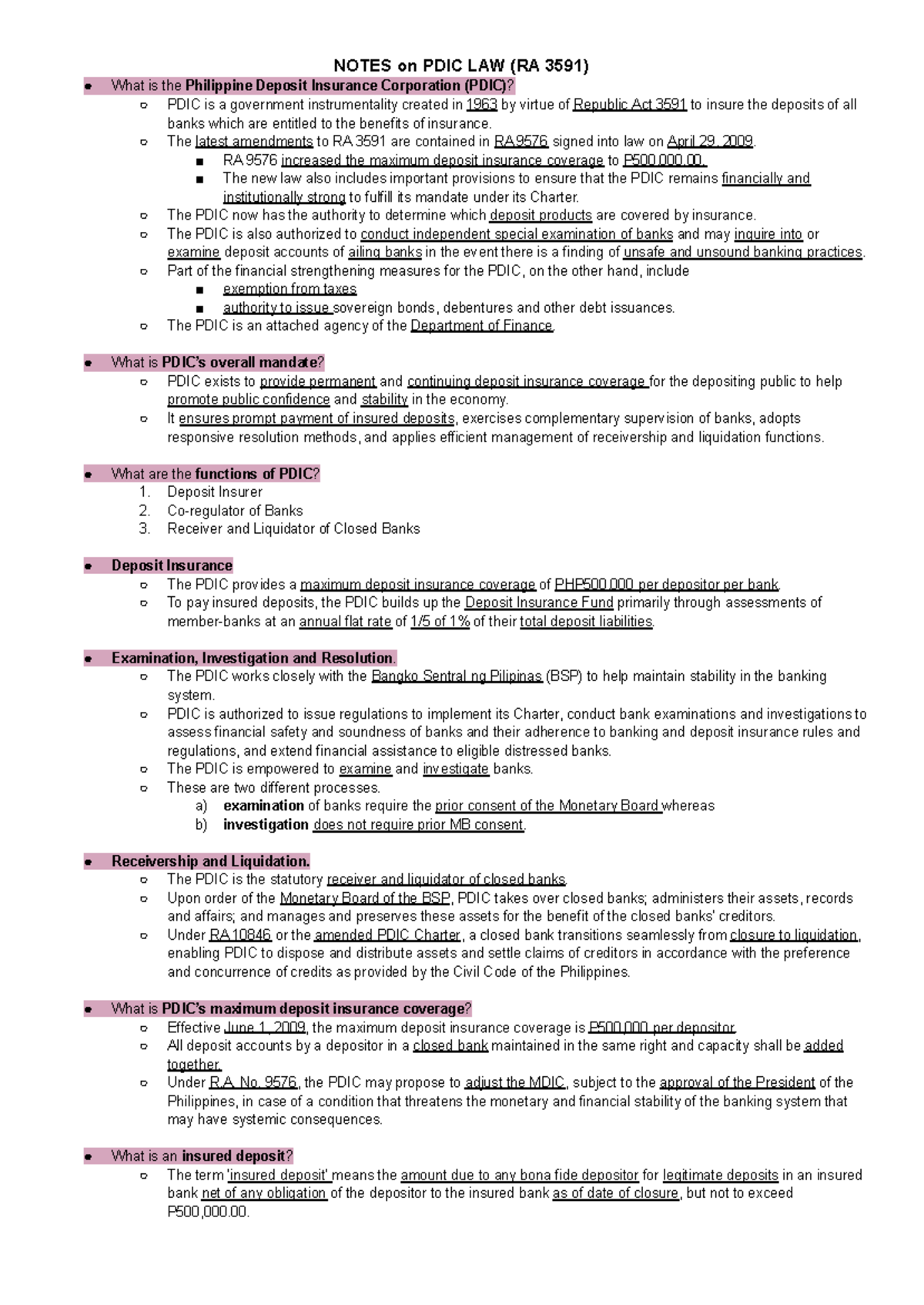 PDIC - PDIC - NOTES on PDIC LAW (RA 3591) What is the Philippine ...