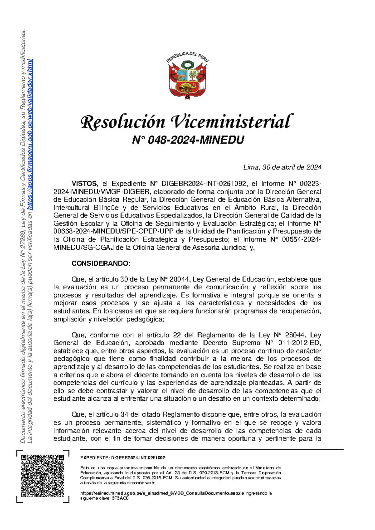 RVM 048-2024- Minedu Modifica la rvm 094 - Documento electrónico firmado digitalmente en el ...