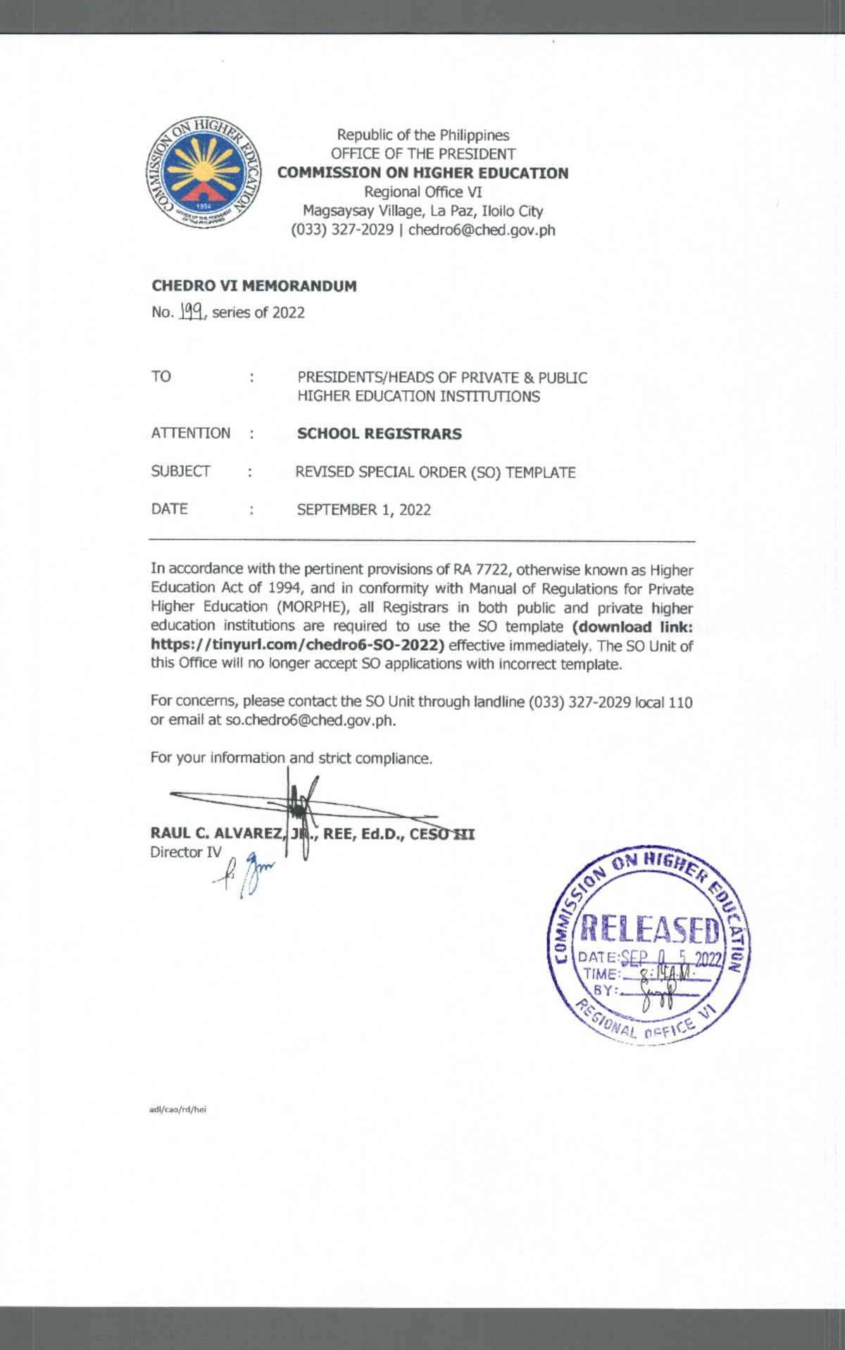 Chedro VI MEMO NO. 199, Series OF 2022 - Revised Special Order (SO ...