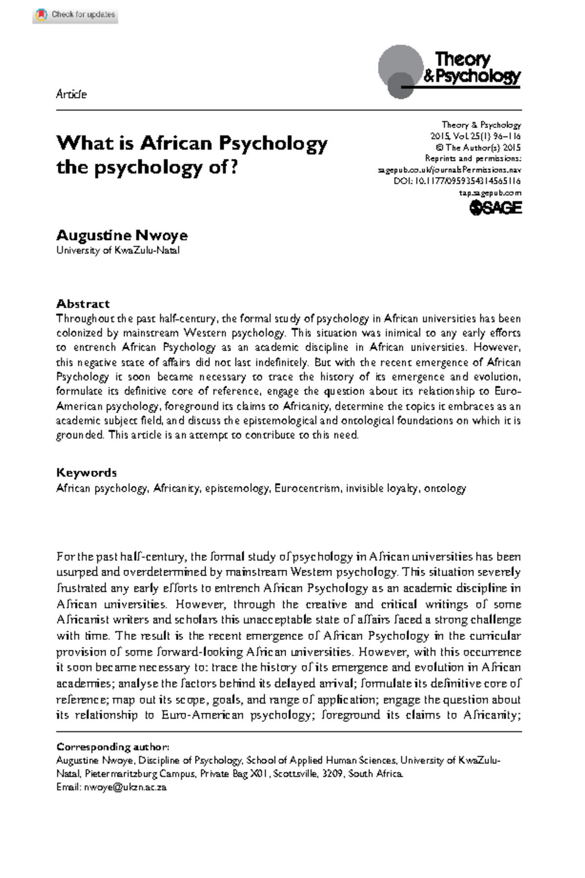 African Psychology PDF - Theory & Psychology 2015, Vol. 25(1) 96– © The ...
