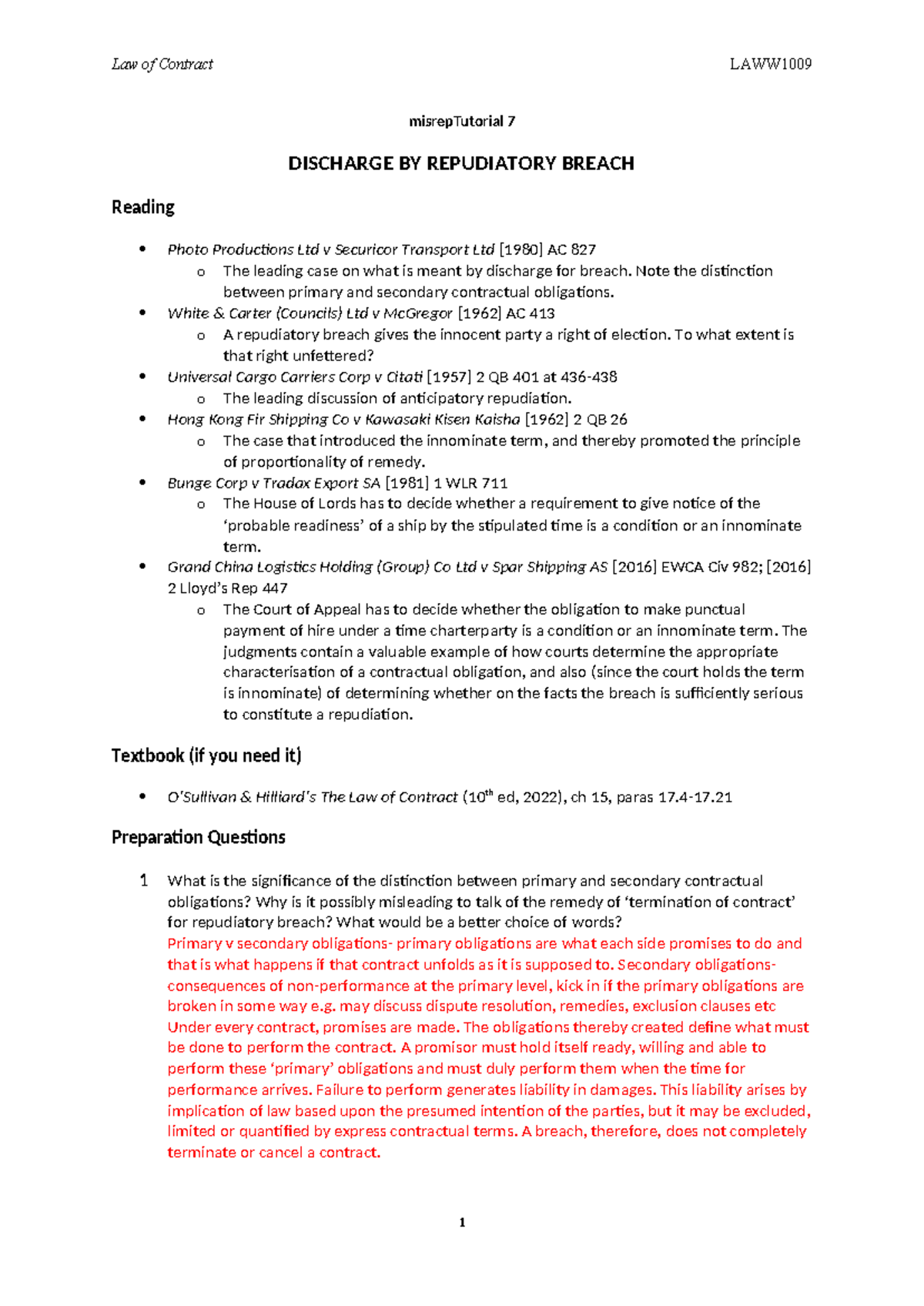 Tutorial 7 - misrepTutorial 7 DISCHARGE BY REPUDIATORY BREACH Reading ...