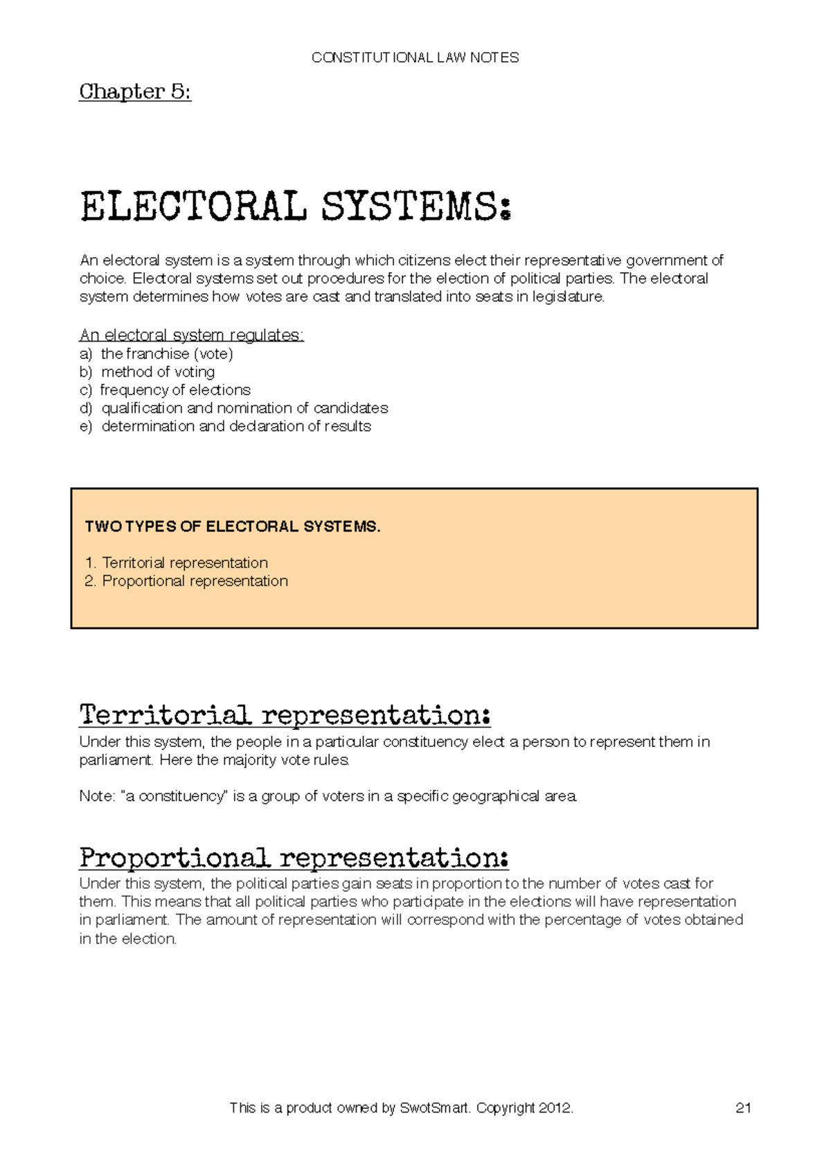 Chapter 5 - Constitutional LAW - Chapter 5: ELECTORAL SYSTEMS: An ...