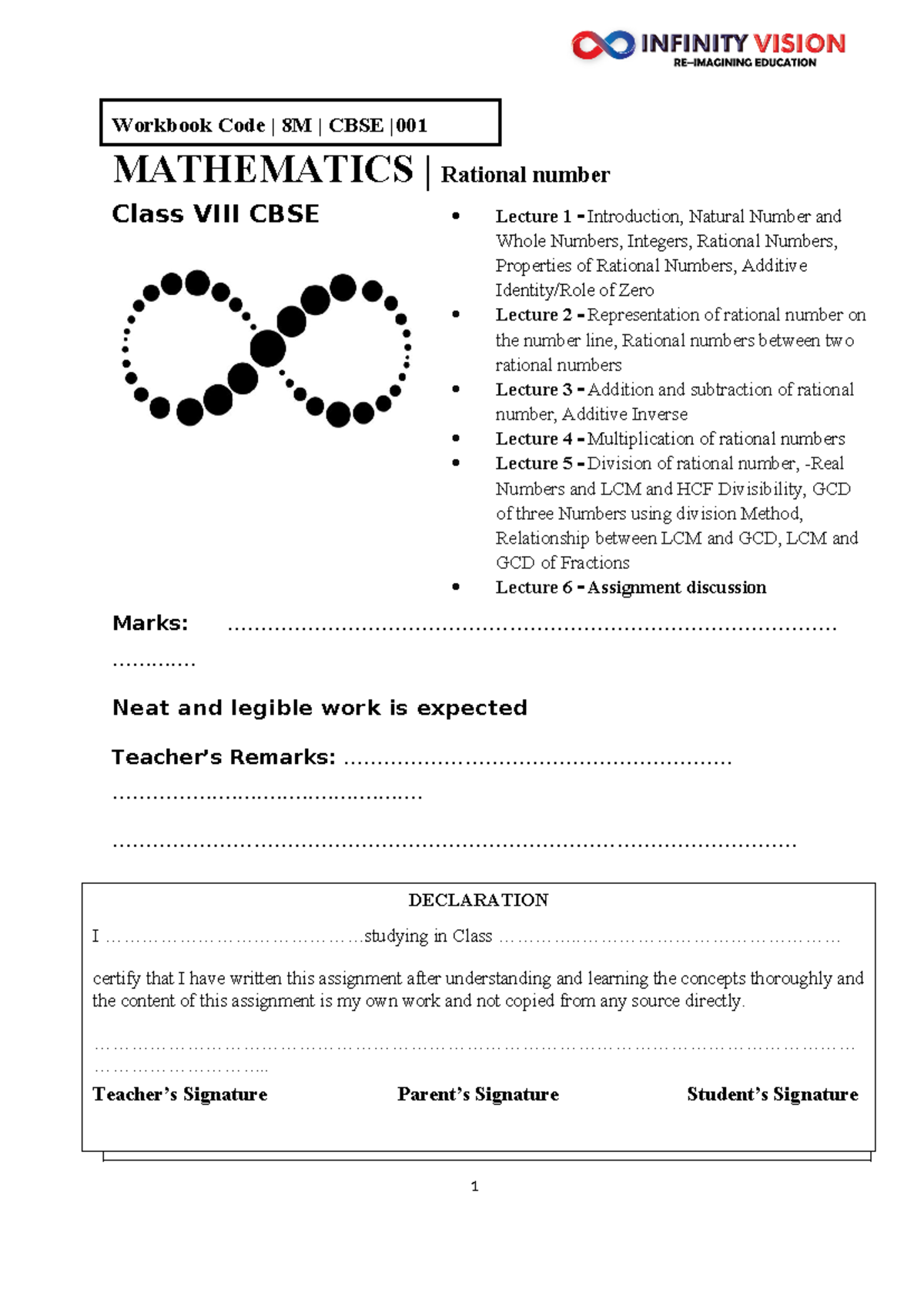 Class 8th workbook(rational number) - Workbook Code | 8M | CBSE ...