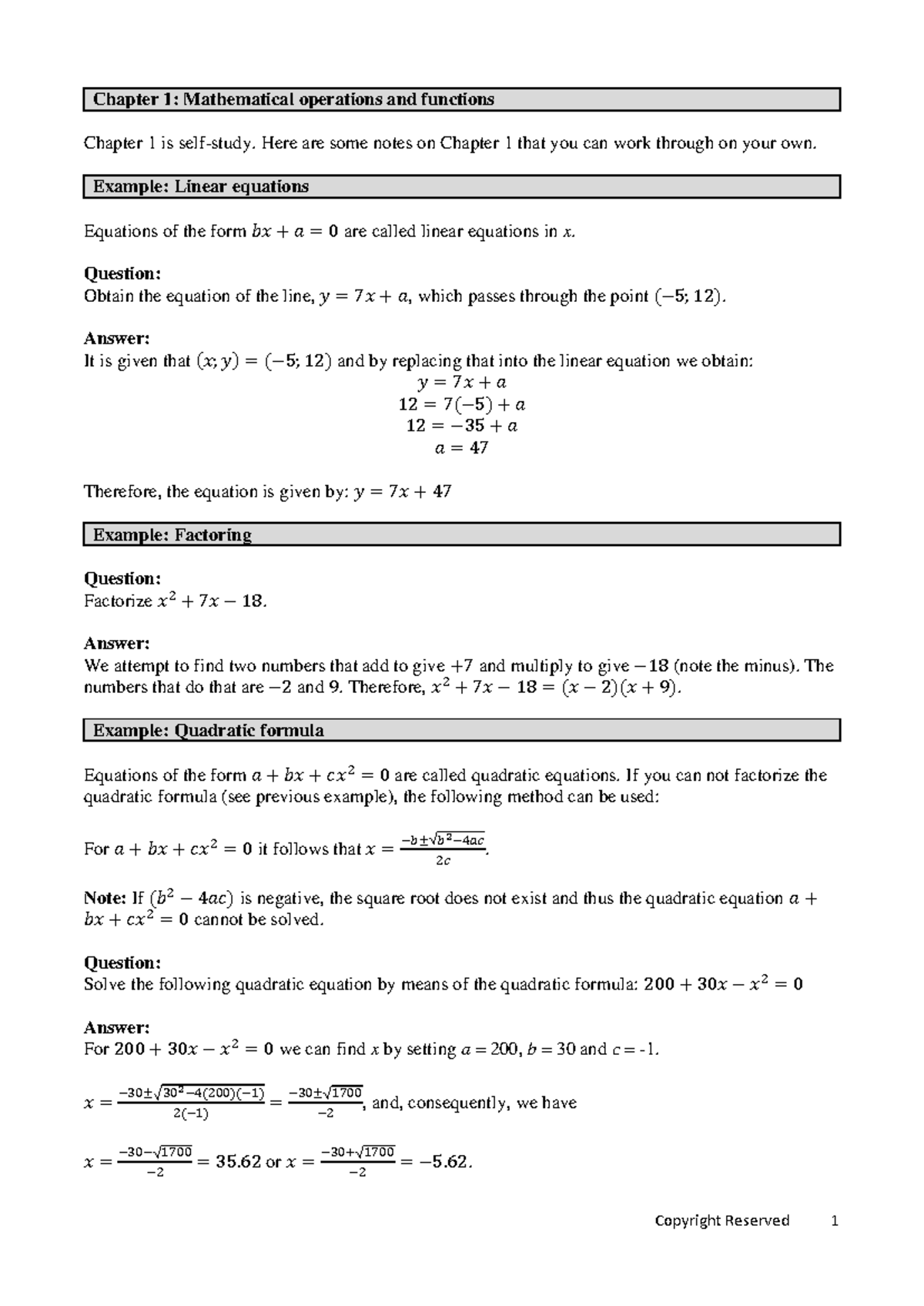 Chapter 1 - exam - Copyright Reserved 1 Chapter 1: Mathematical operations and functions Chapter ...