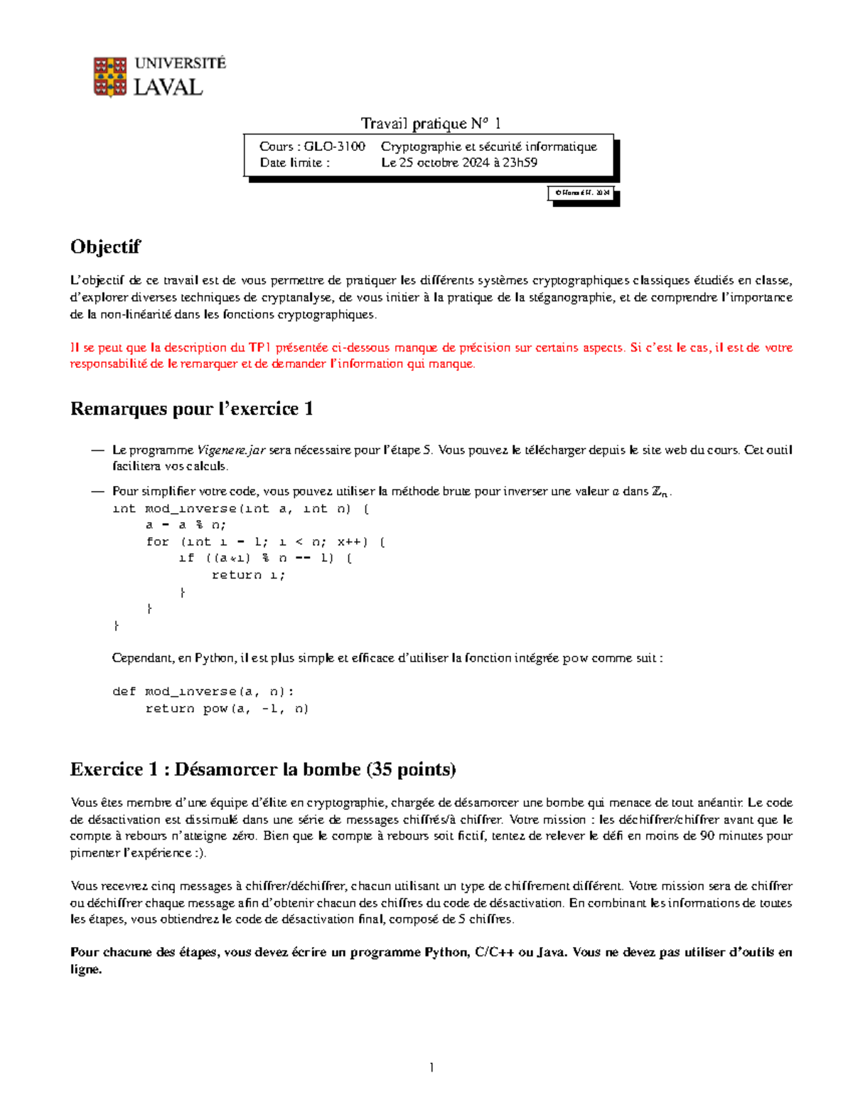 Énoncé du TP1 A24 - Travail pratique No 1 Cours : GLO-3100 Cryptographie et sécurité ...