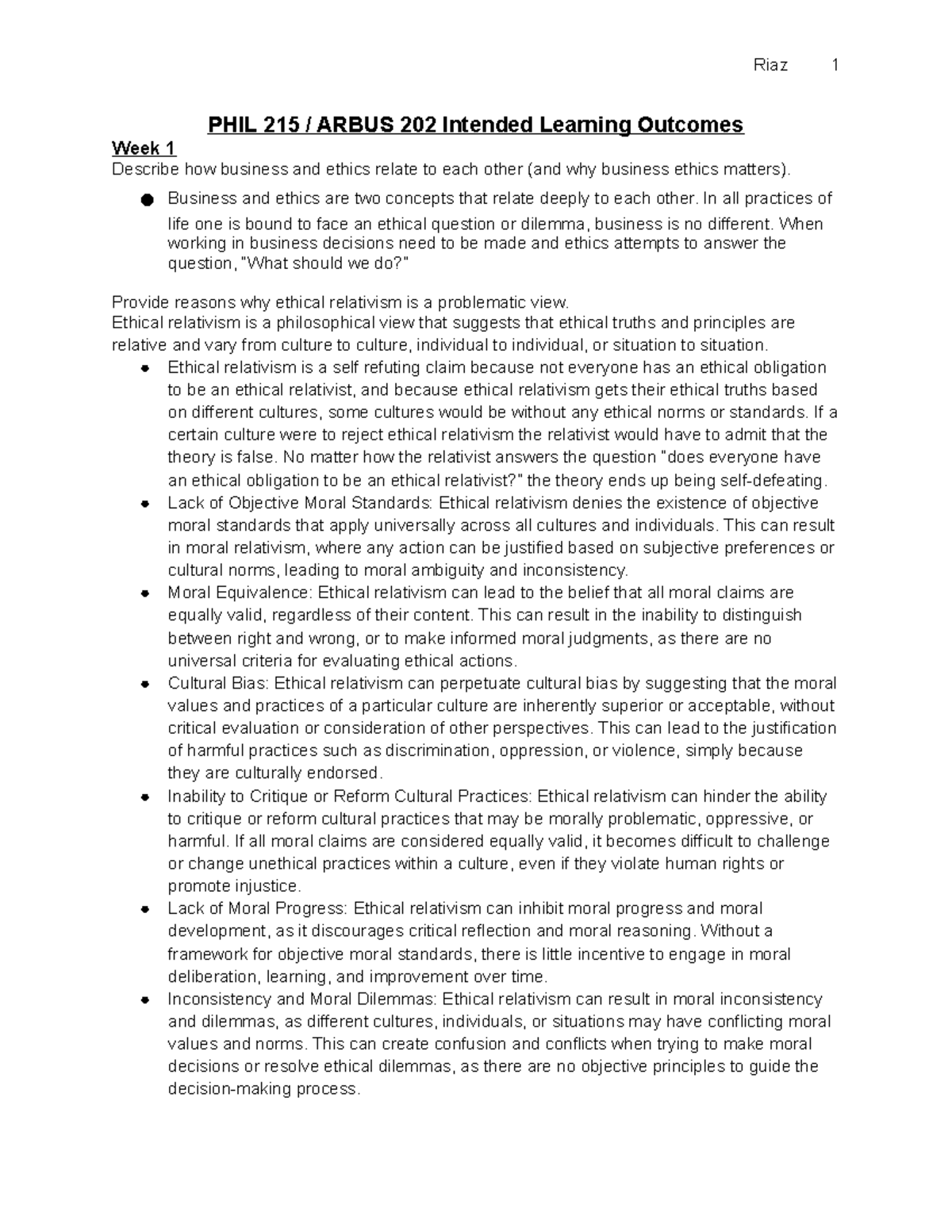 Arbus 202 - Exam Study Sheet - PHIL 215 / ARBUS 202 Intended Learning Outcomes Week 1 Describe ...