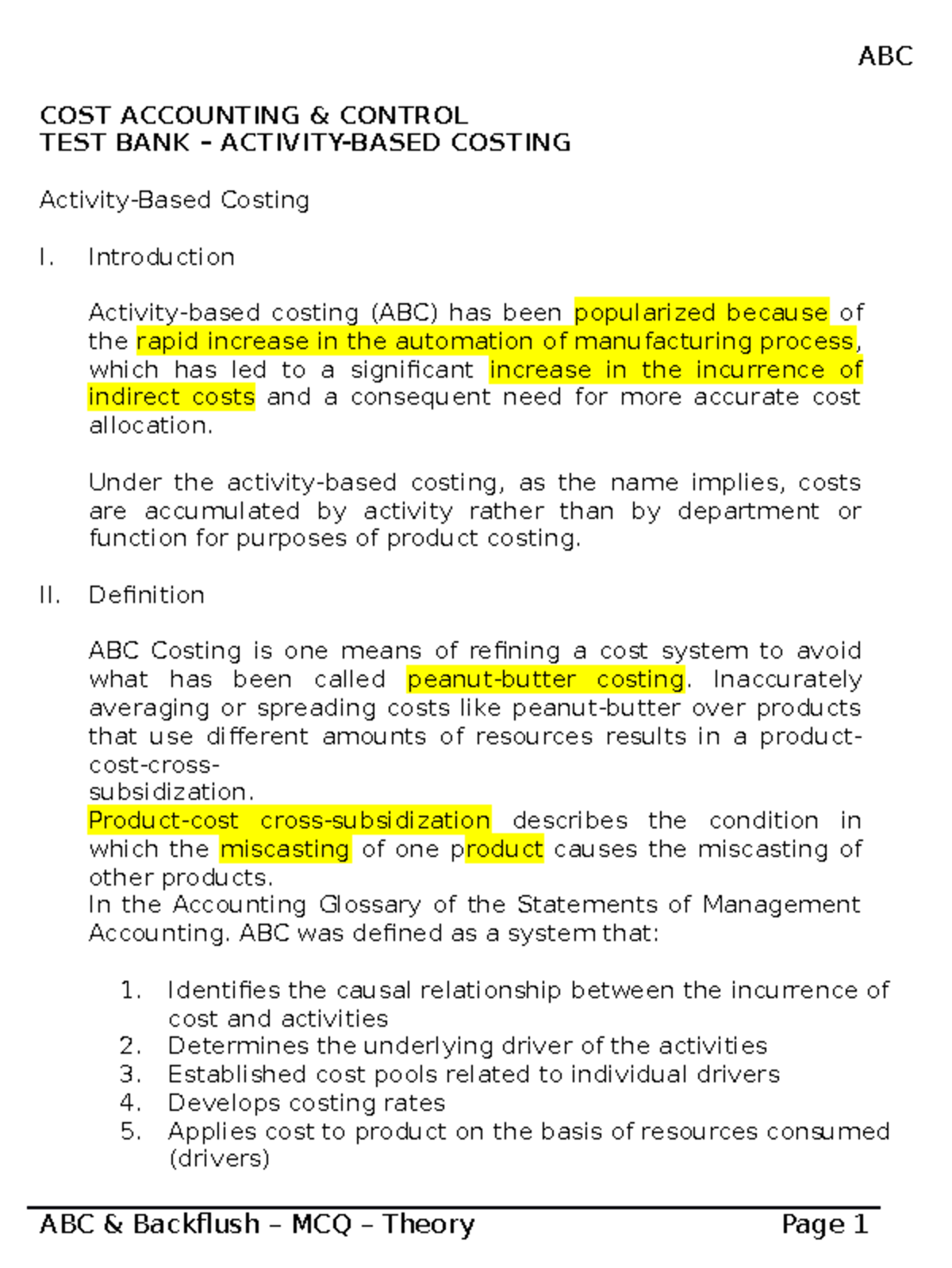 Test bank-ABC - REVIEWER - ABC COST ACCOUNTING & CONTROL TEST BANK ...