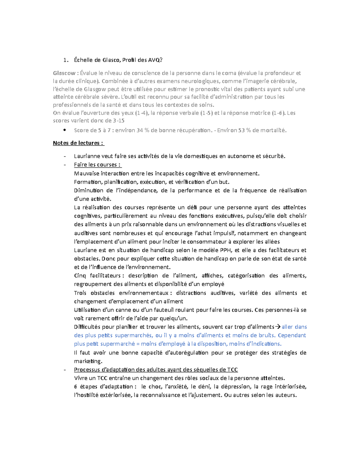 12- Profil AVQ notes - Échelle de Glasco, Profil des AVQ? Glascow ...