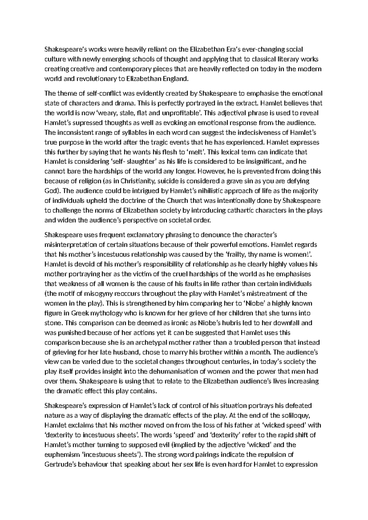 English Hamlet HW - 1 para left - Shakespeare's works were heavily ...