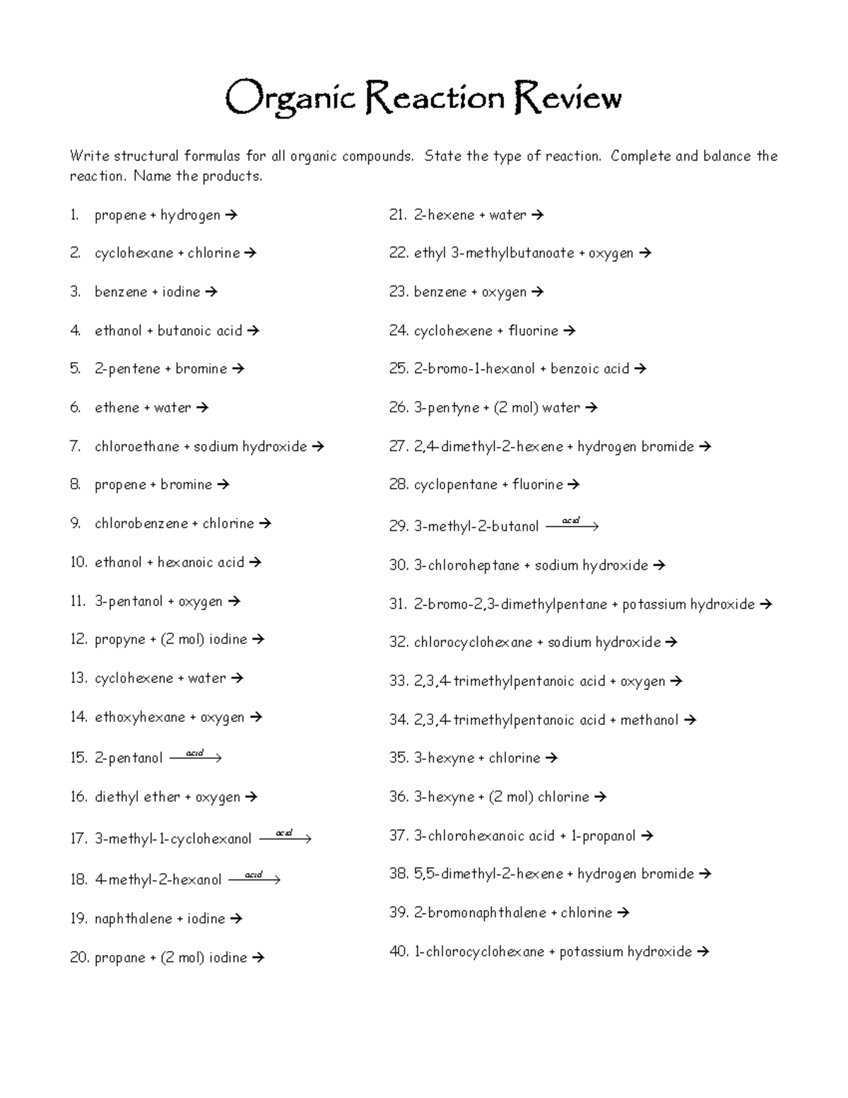 Hydrocarbon Reactions 2 Worksheet Problems - Organic Reaction Review ...