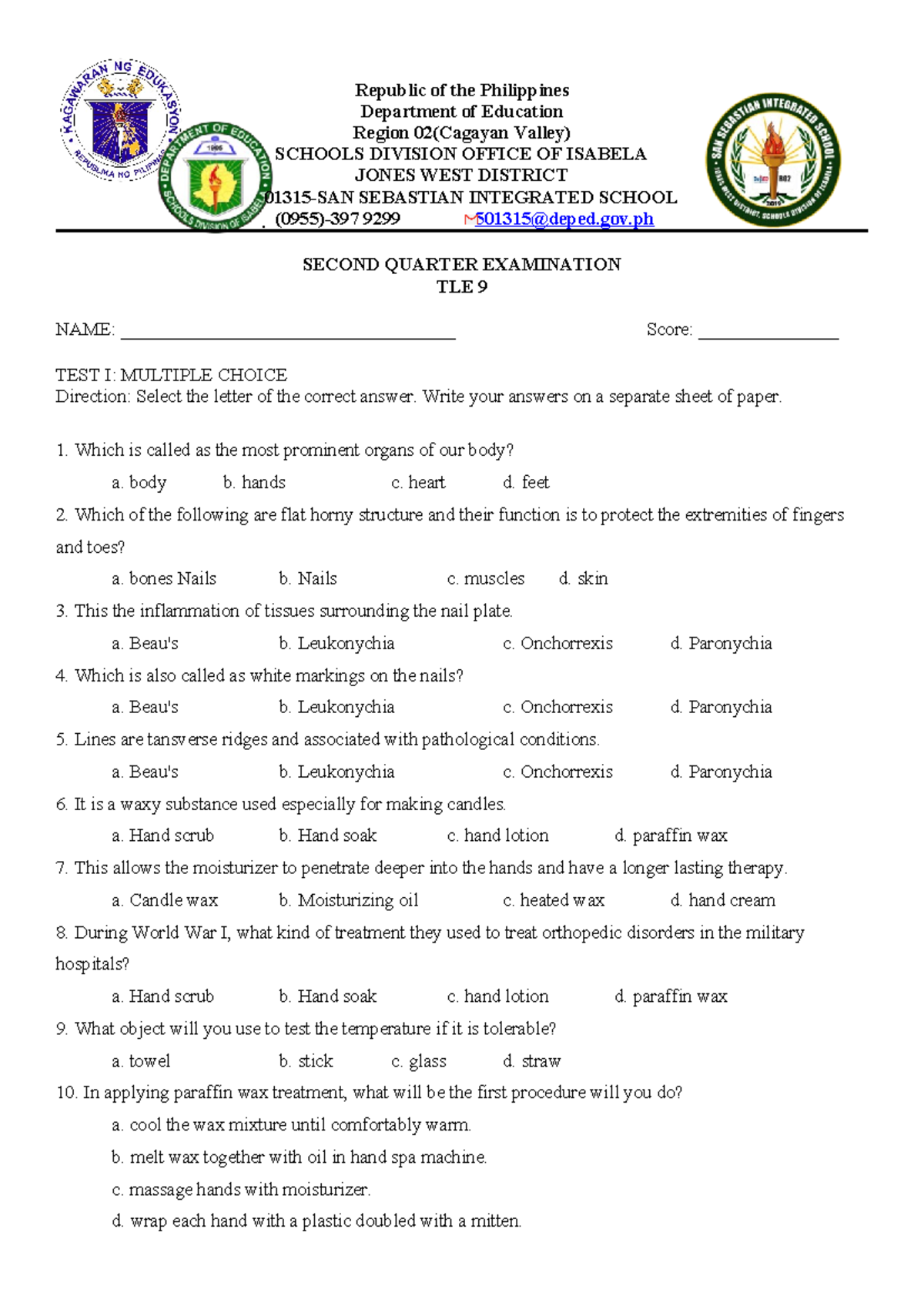 TLE9 Periodical Examination - Republic of the Philippines Department of ...