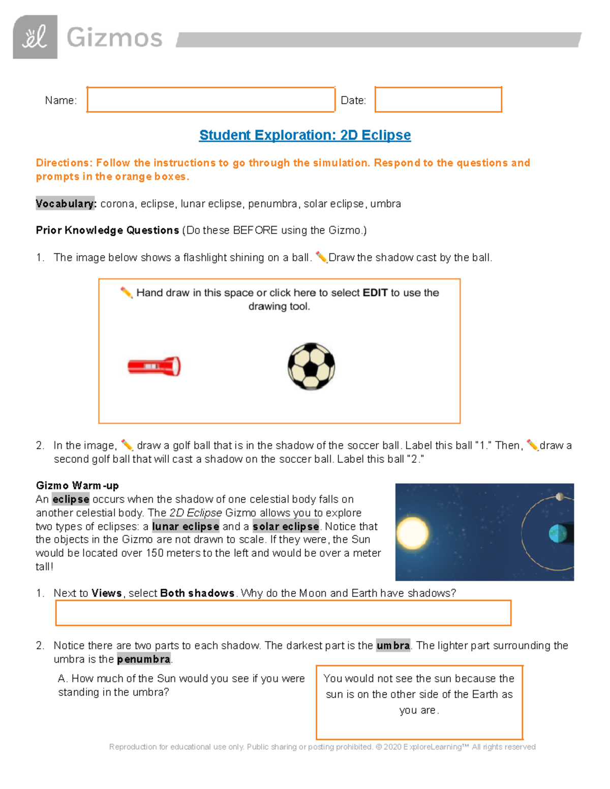 Copy of 2DEclipse SE - Science - Name: Date: Student Exploration: 2D ...