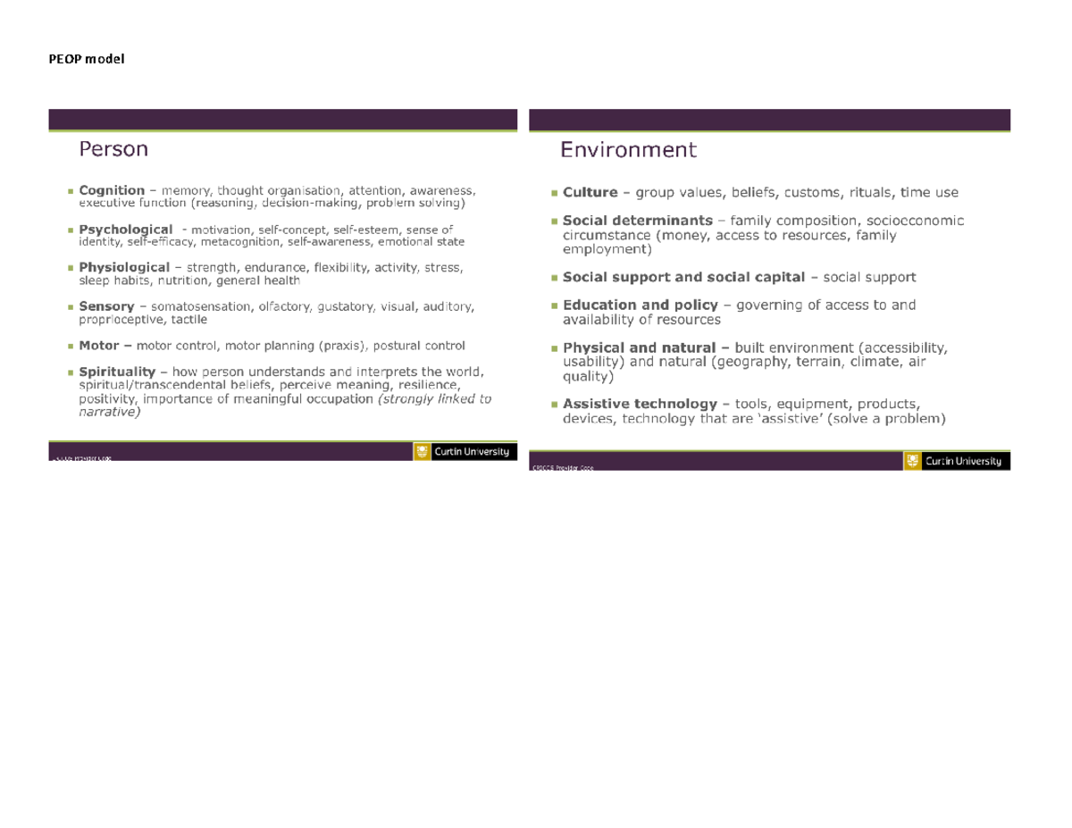 PEOP model - Neuro lecture notes - MEDS2001 - PEOP model - Studocu