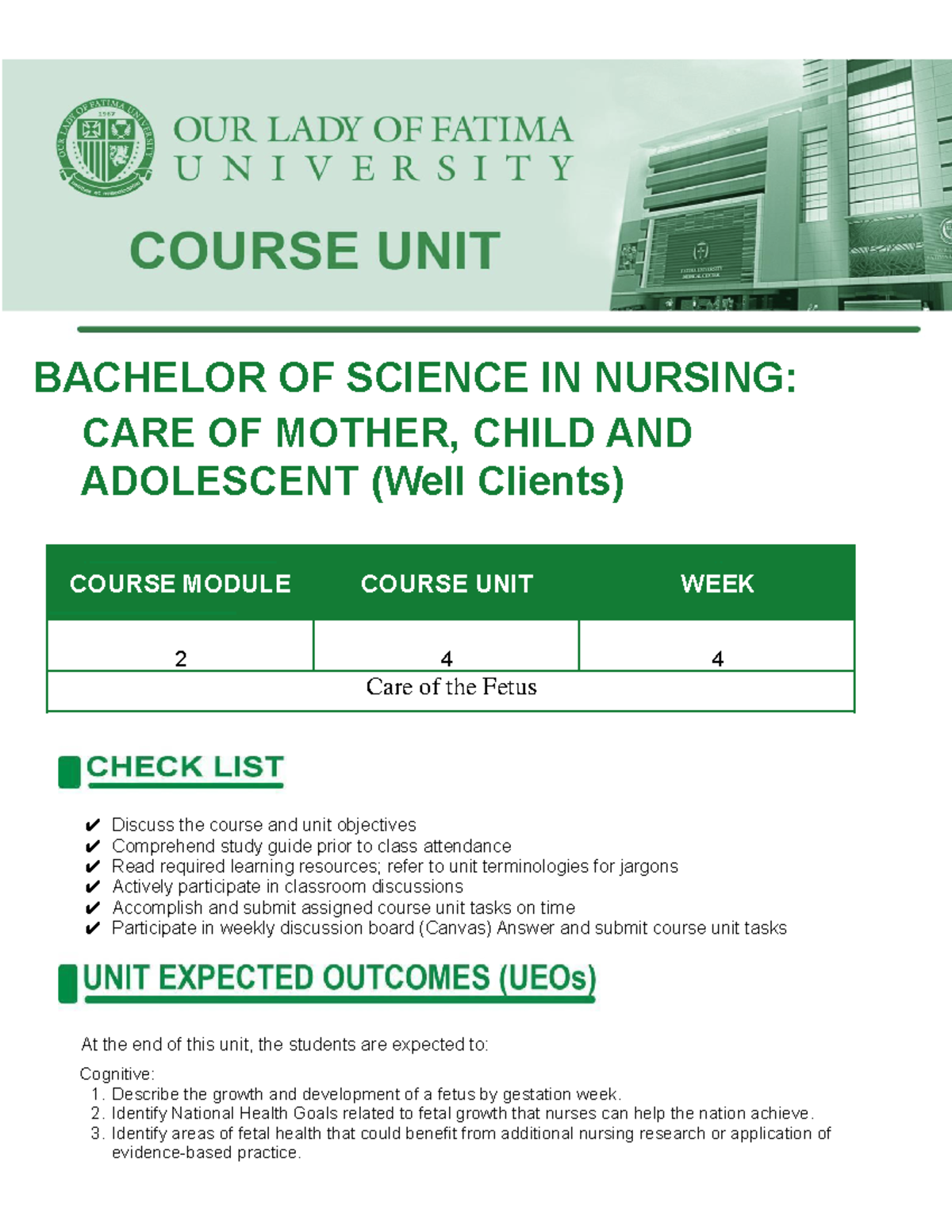 Course UNIT WEEK 4 - NCP - BACHELOR OF SCIENCE IN NURSING: CARE OF ...