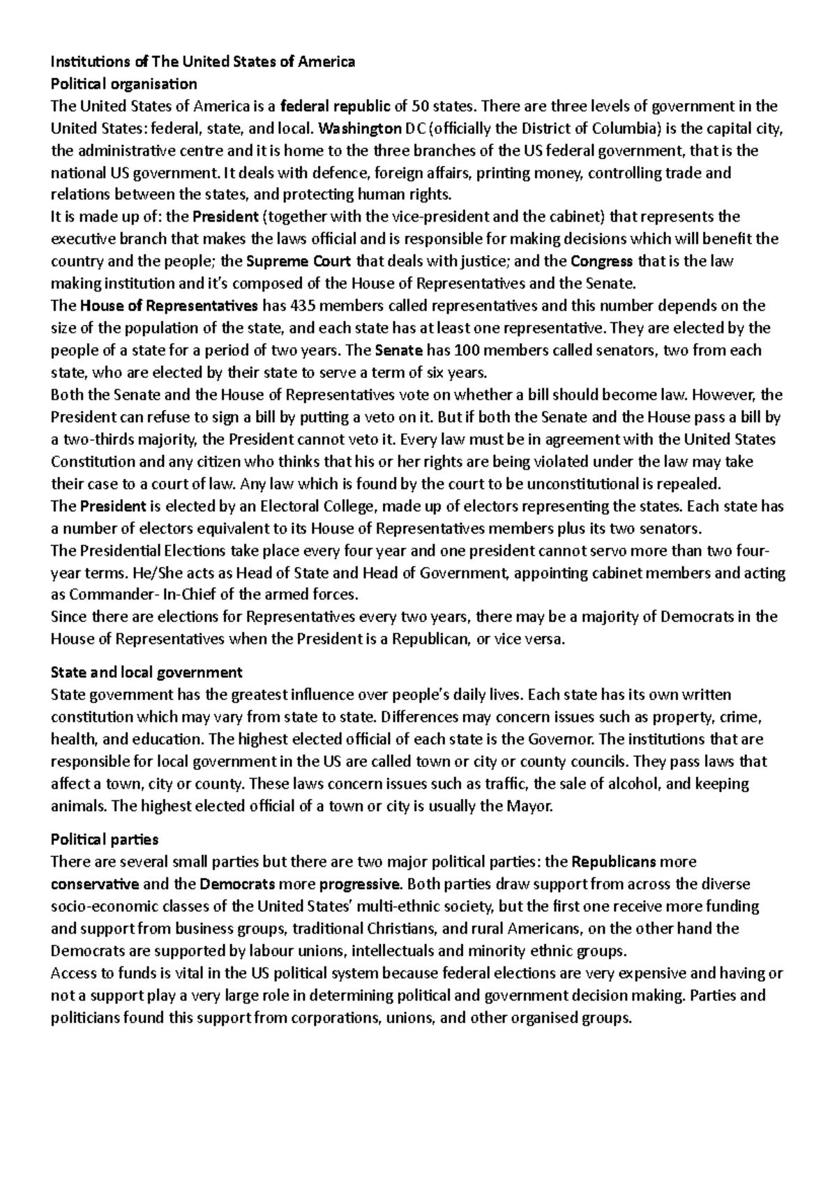 Inglese us-uk - Institutions of The United States of America: Political ...