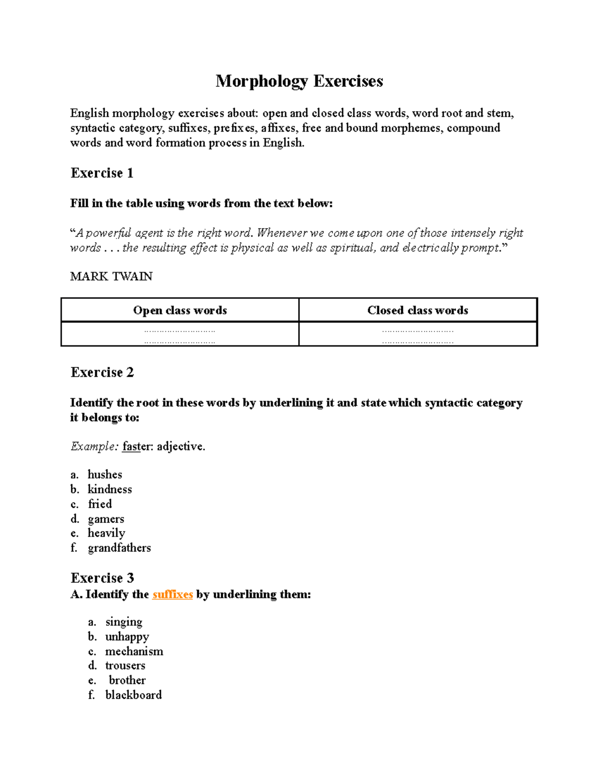 Morphology Exercises - Introduction to Linguistics - Morphology Exercises English morphology ...