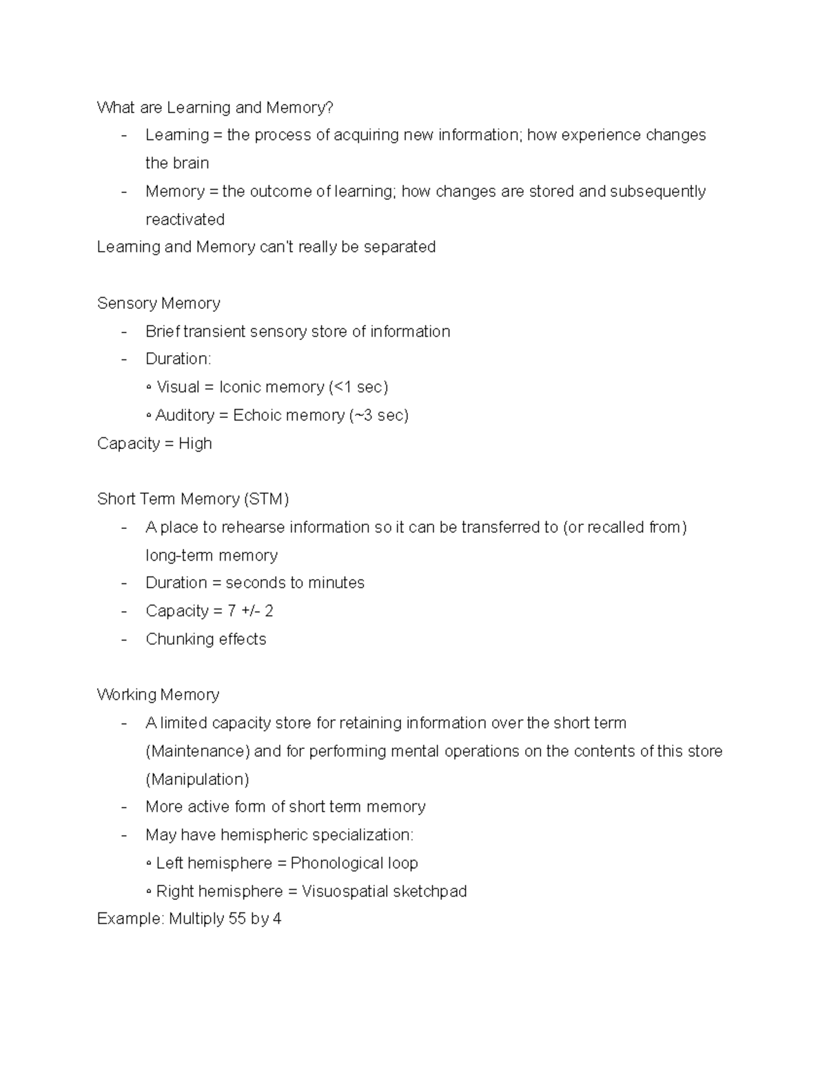 Types of Memory - What are Learning and Memory? - Learning = the ...