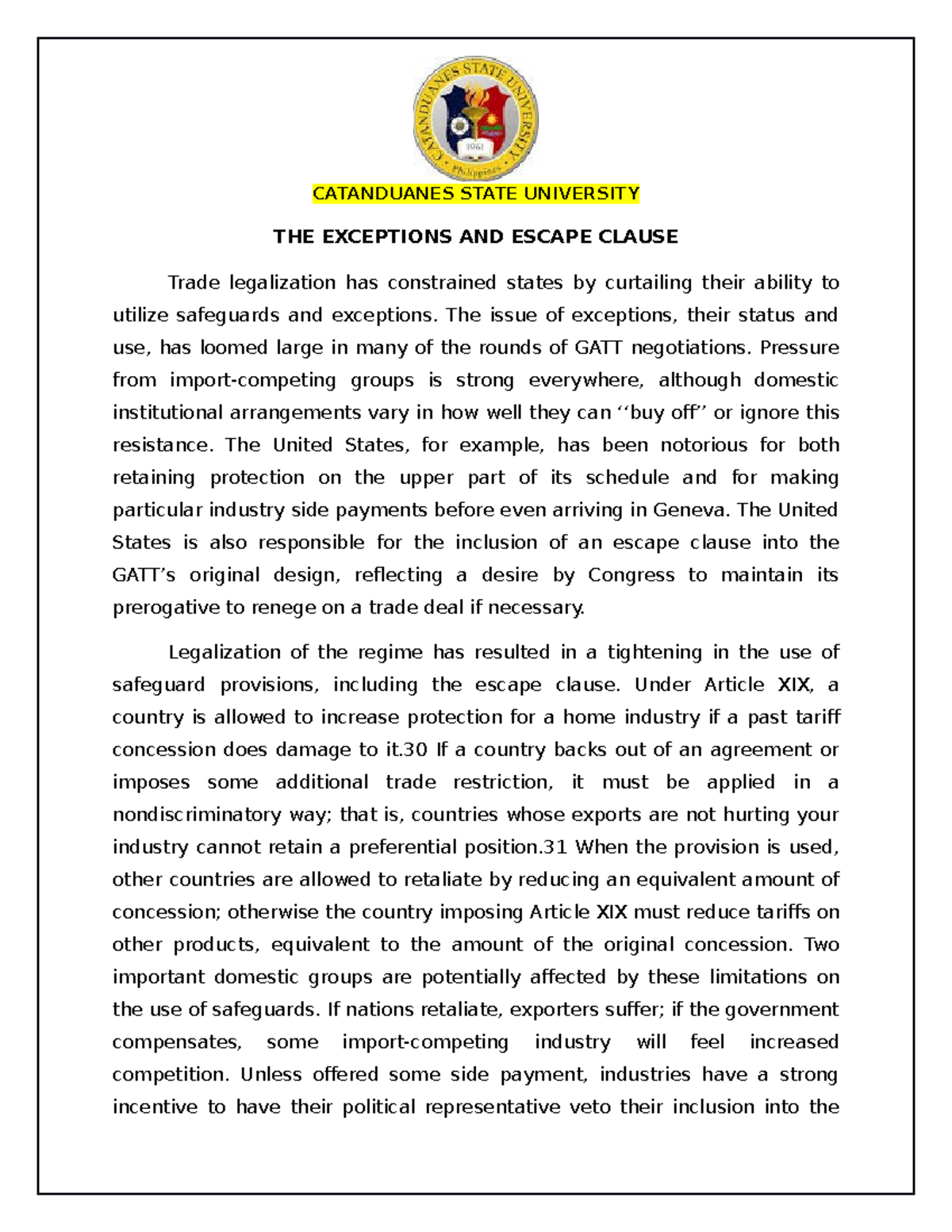 THE Exceptions AND Escape Clause - THE EXCEPTIONS AND ESCAPE CLAUSE ...