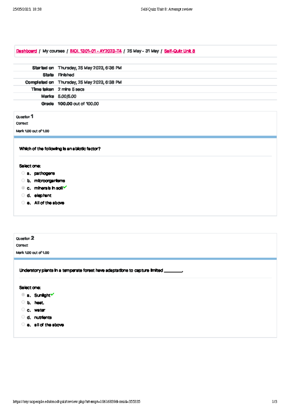 Self-Quiz Unit 8 Attempt review - 25/05/2023, 18:38 Self-Quiz Unit 8: Attempt review - Studocu