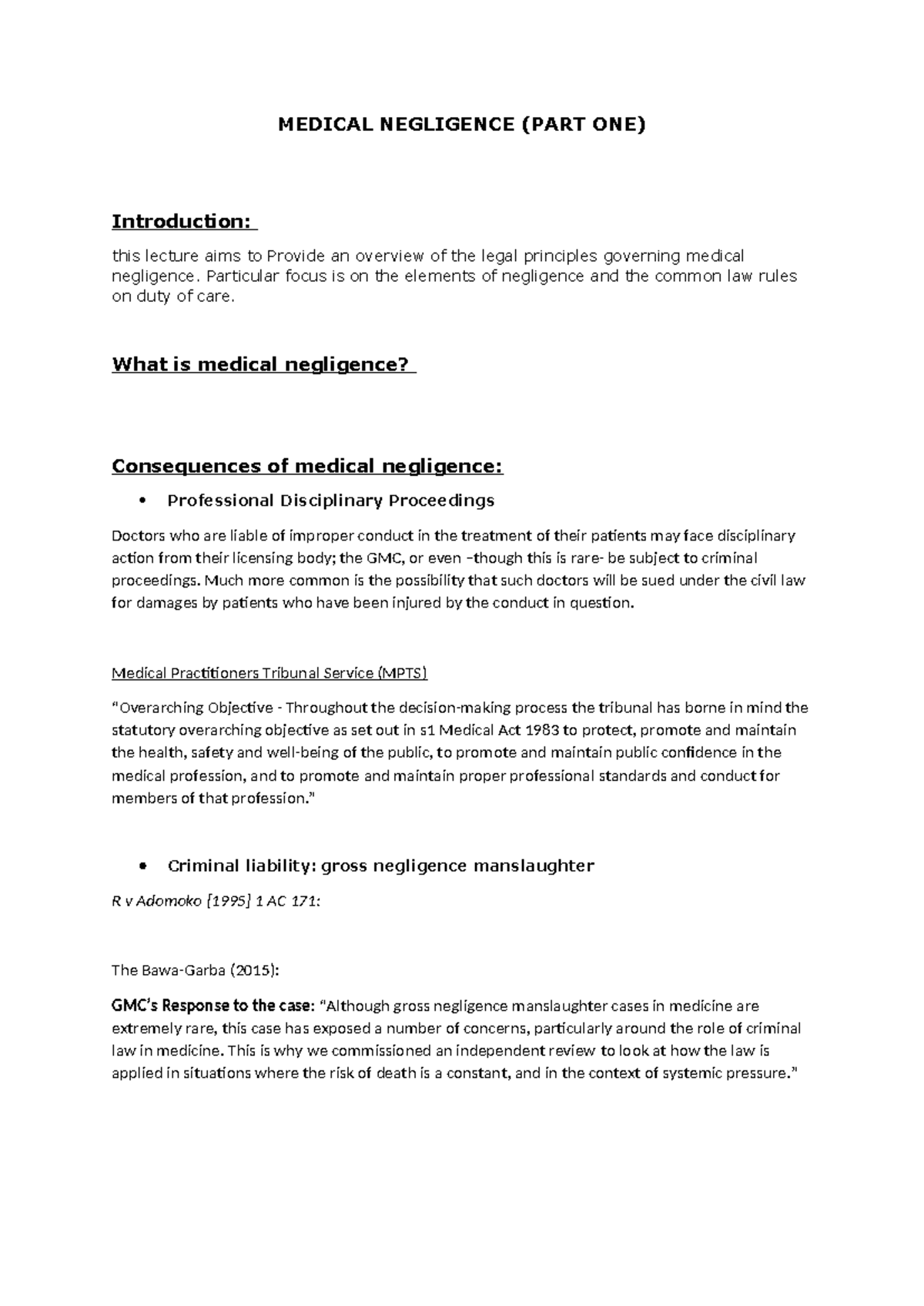 Medical Negligence lecture outline part one (1)1-2 - MEDICAL NEGLIGENCE ...