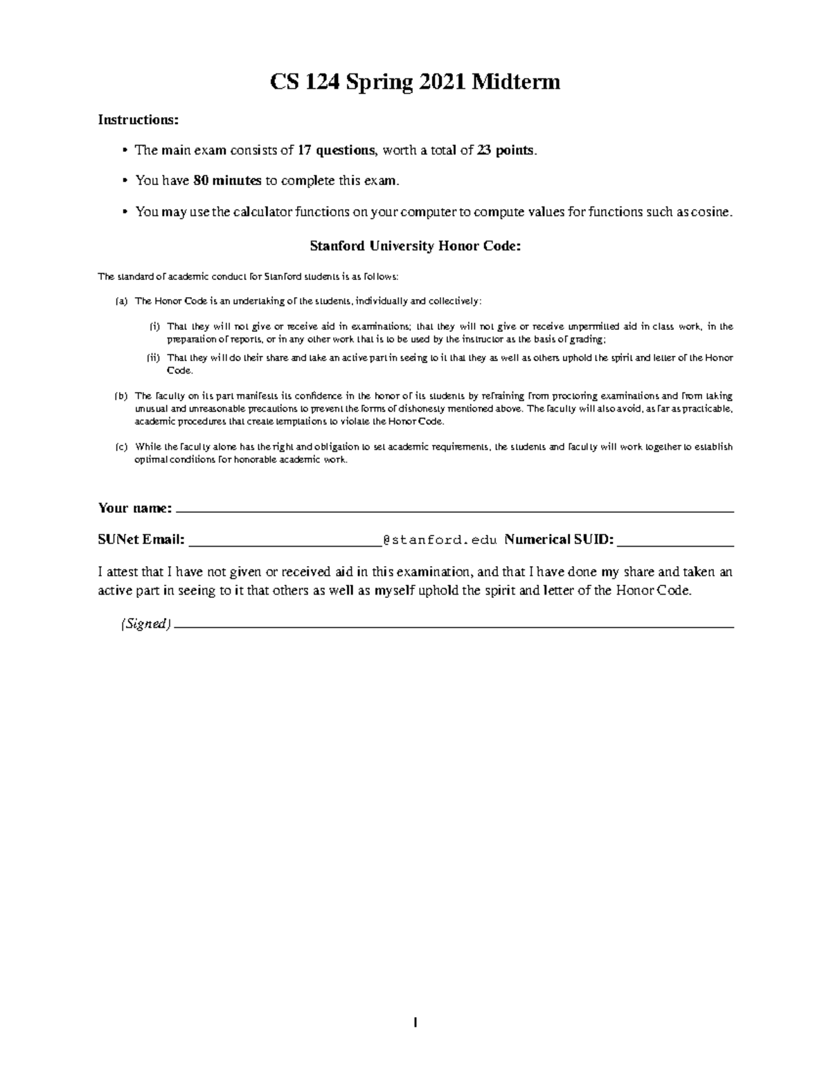 CS 124 Spring 2021 Midterm 1 Solutions - CS 124 Spring 2021 Midterm Instructions: The main exam ...