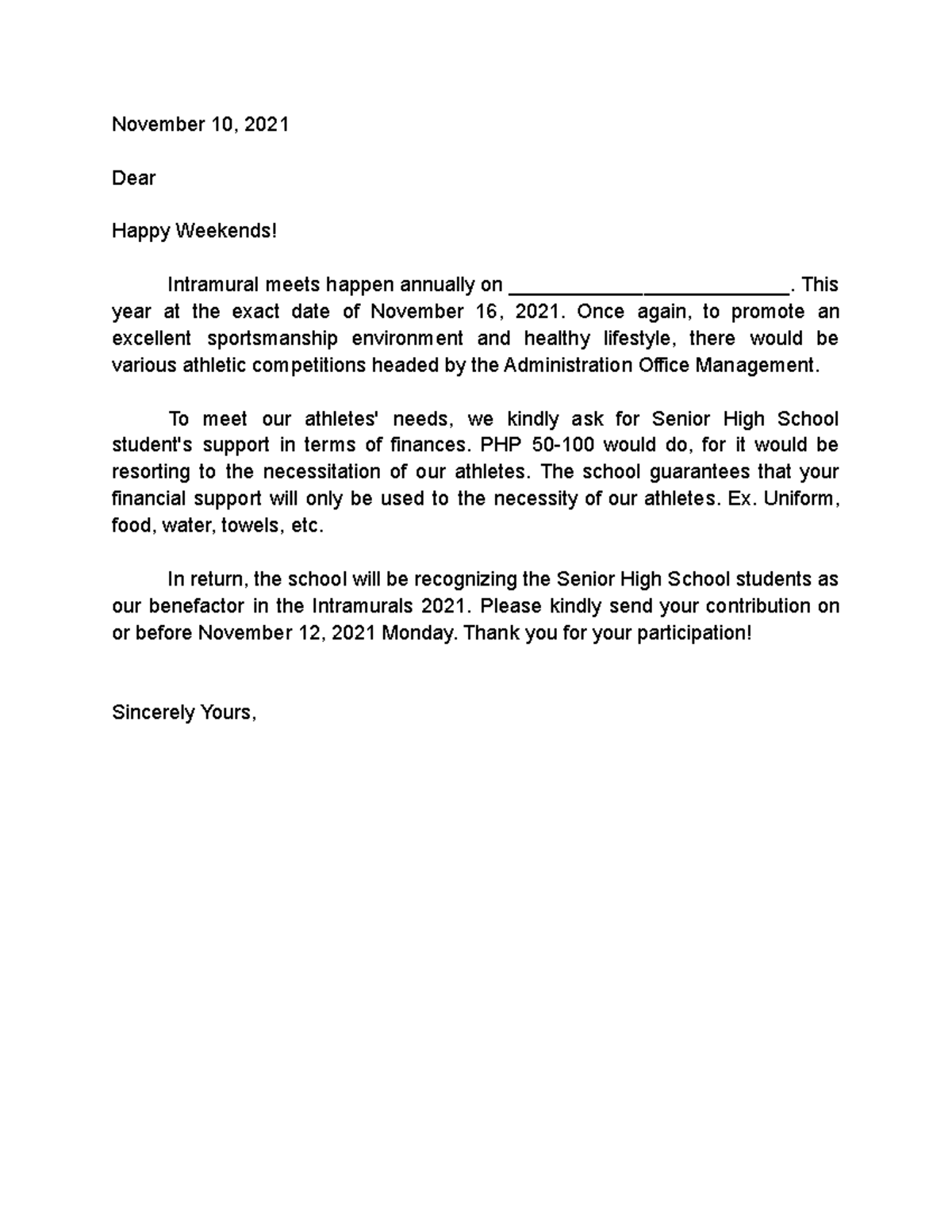 Example Letter - November 10, 2021 Dear Happy Weekends! Intramural ...