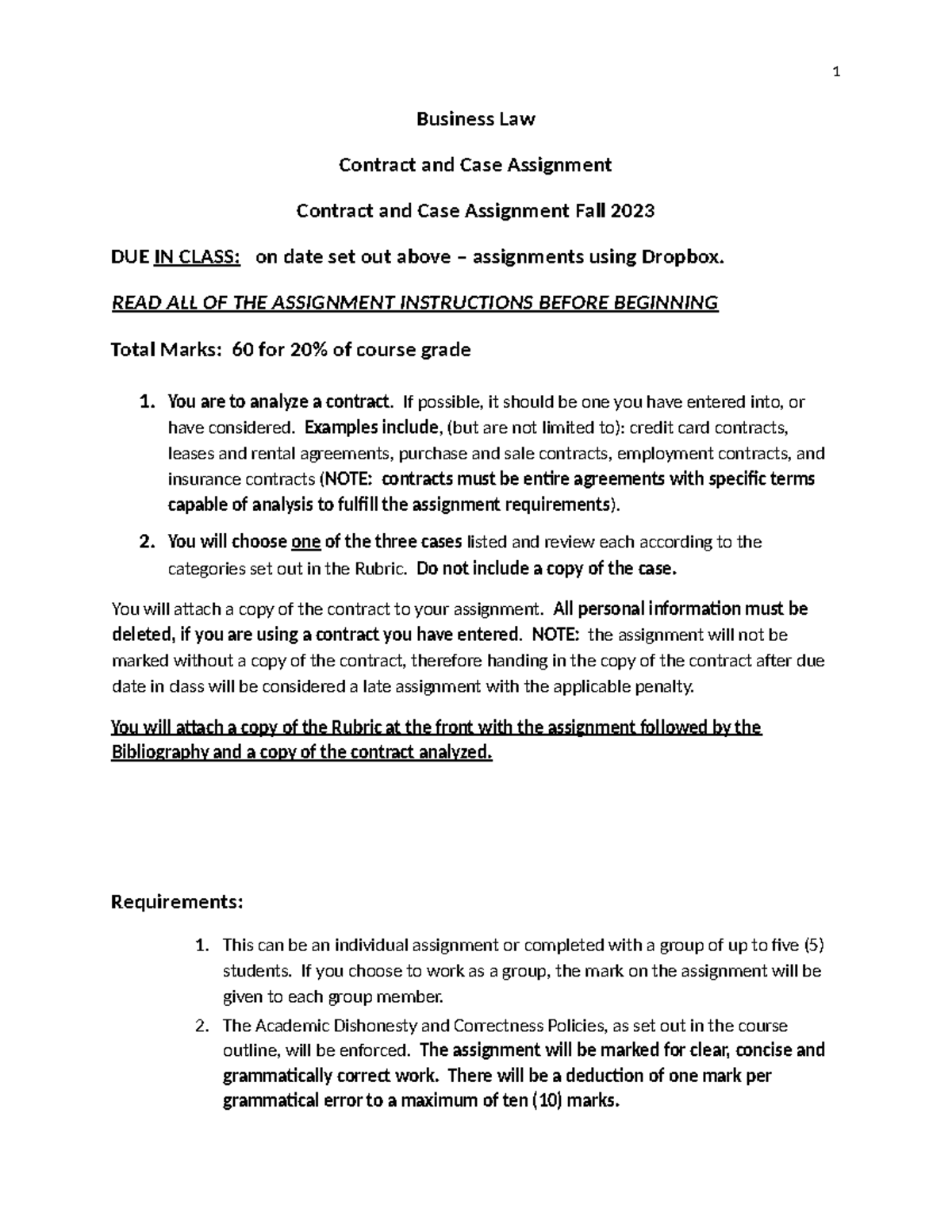 Contract and Case Assignment Guideline - Business Law Contract and Case ...