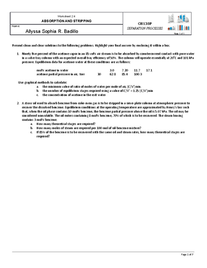 WS 2 - DATA ANALYSIS EXERCISES - Worksheet 2. ABSORPTION AND STRIPPING CH138P SEPARATION ...