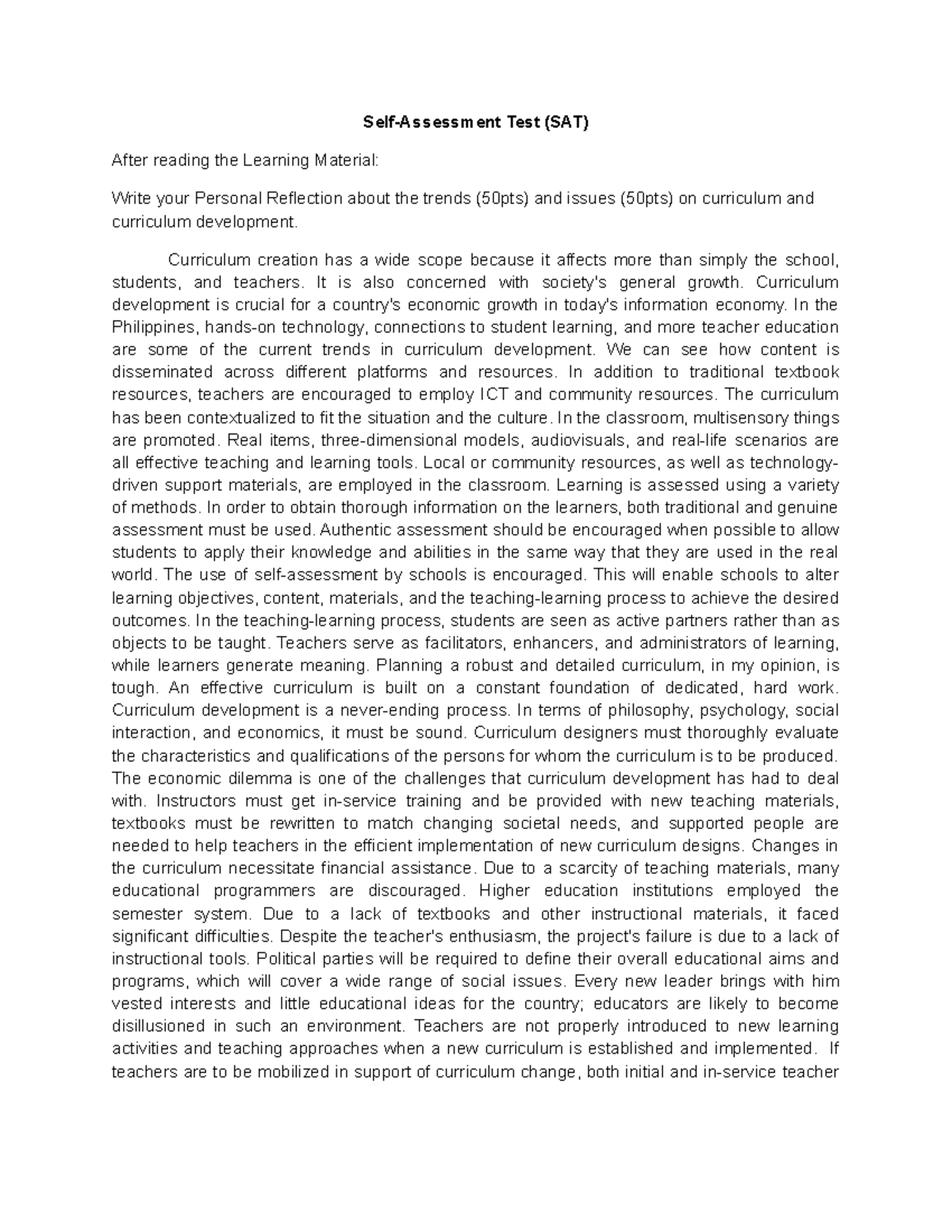 Educ 205-lm 5 - lecture notes - Self-Assessment Test (SAT) After ...