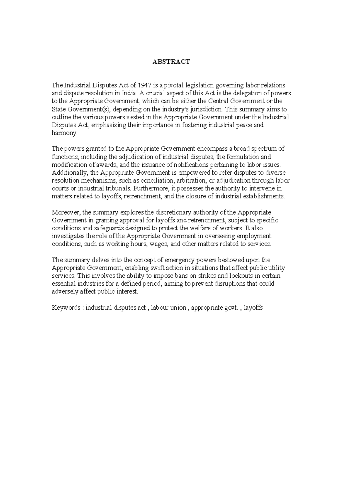 Labour law research paper - ABSTRACT The Industrial Disputes Act of ...