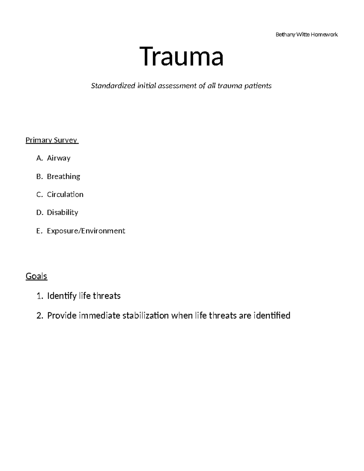 Trauma packet - Bethany Witte Homework Trauma Standardized initial ...