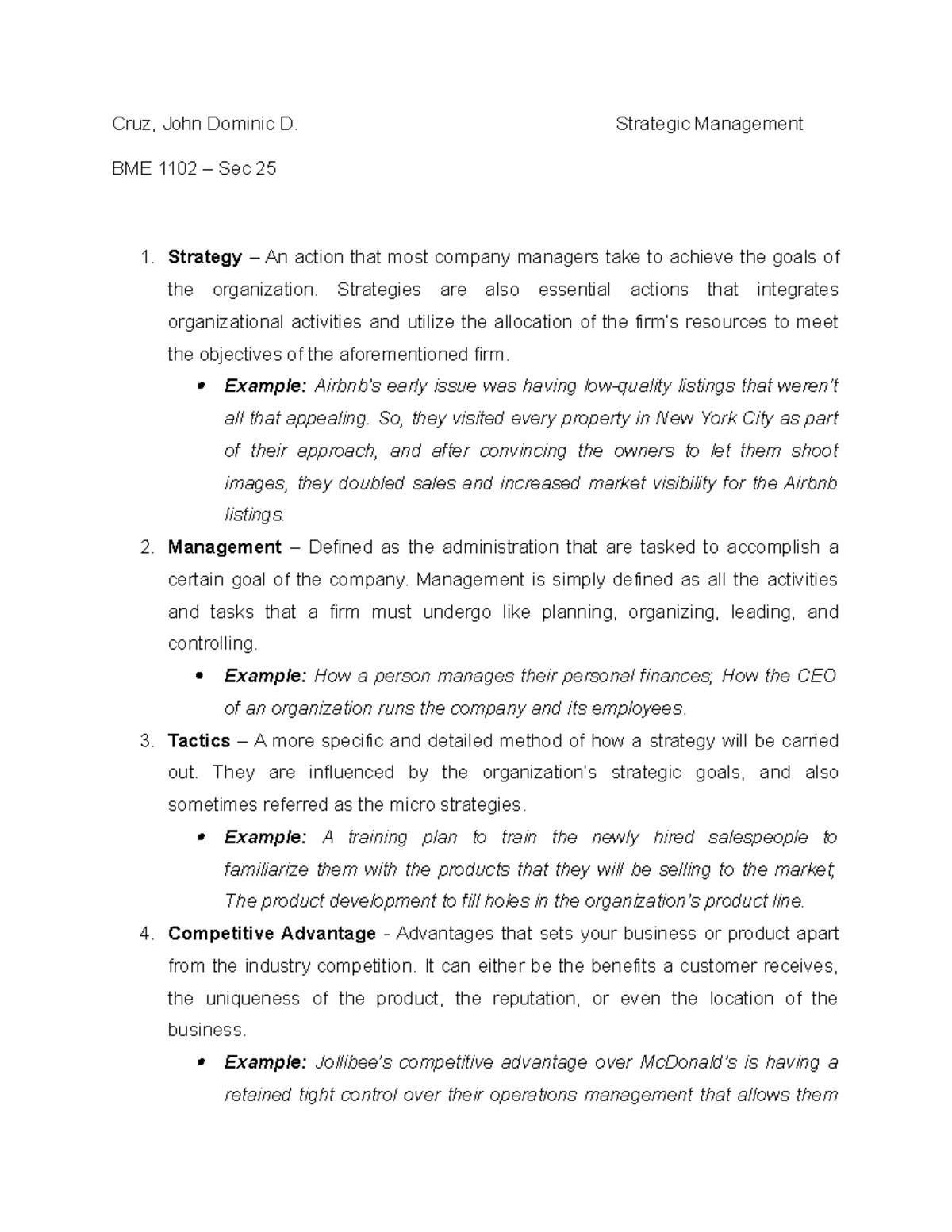 1ST Essay - Cruz, John Dominic D. Strategic Management BME 1102 – Sec ...