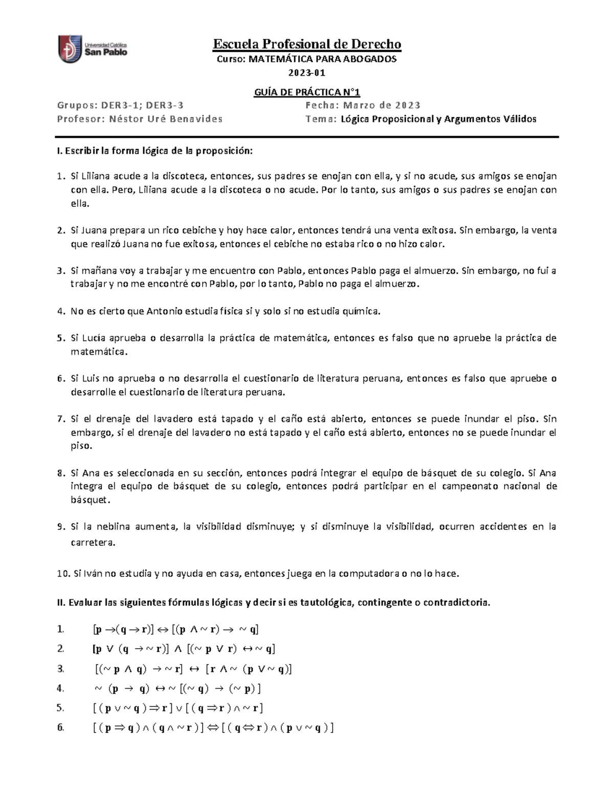 1 GUÍA 1-2023 Logica++ - Lógica - Curso: MATEM¡TICA PARA ABOGADOS 2023- GUÕA DE PR¡CTICA N∞ ...